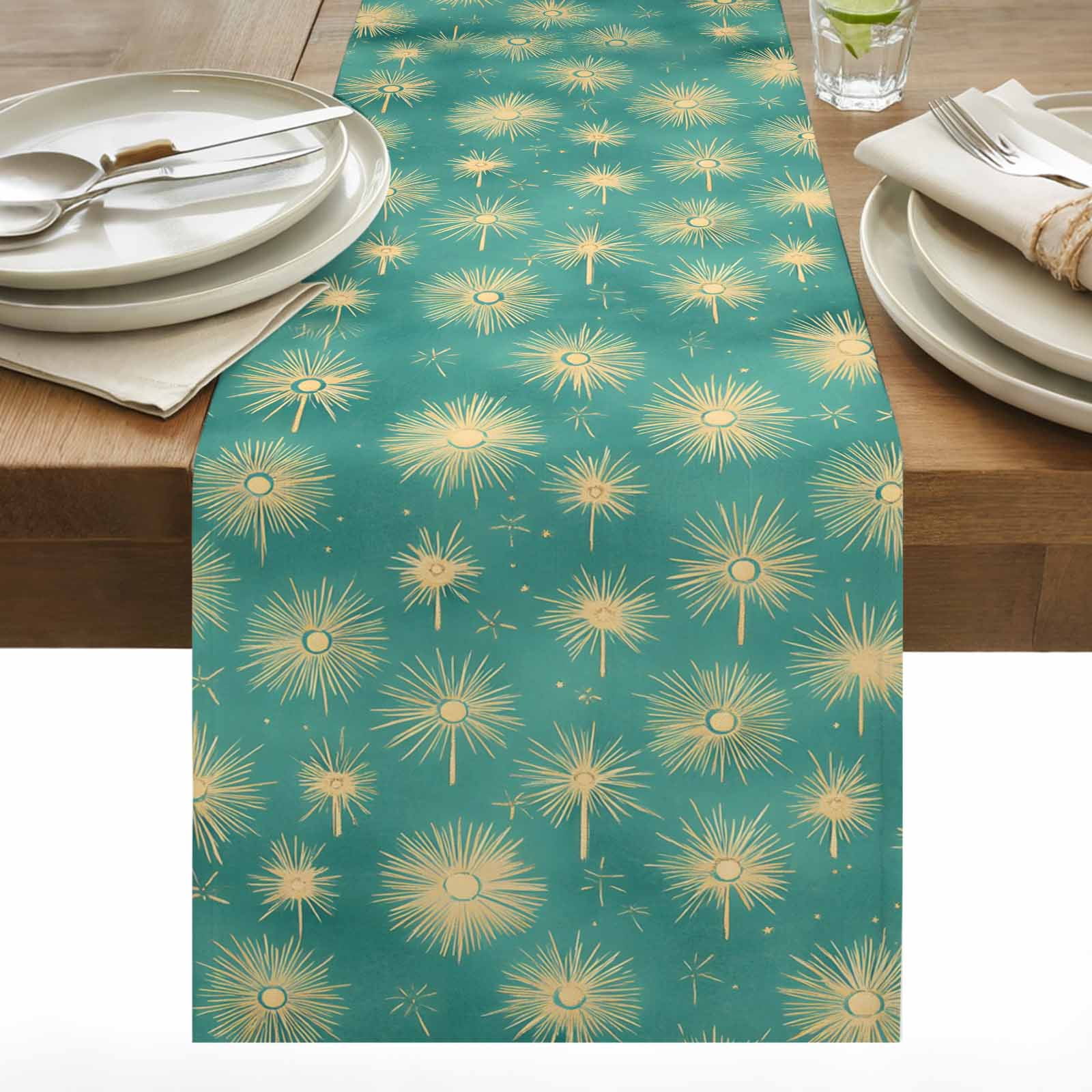 Floral Dandelion Cotton Linen Table Runner Farm Flowers Plant Blue ...