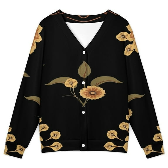 Floral Dark Background Pattern Sweater Women V-neck Single-Breasted ...
