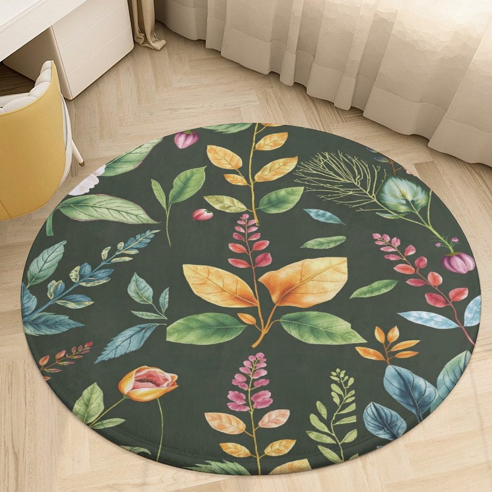 Floral Dark Green Pattern Round Carpets Modern Living Room Ration Rugs ...