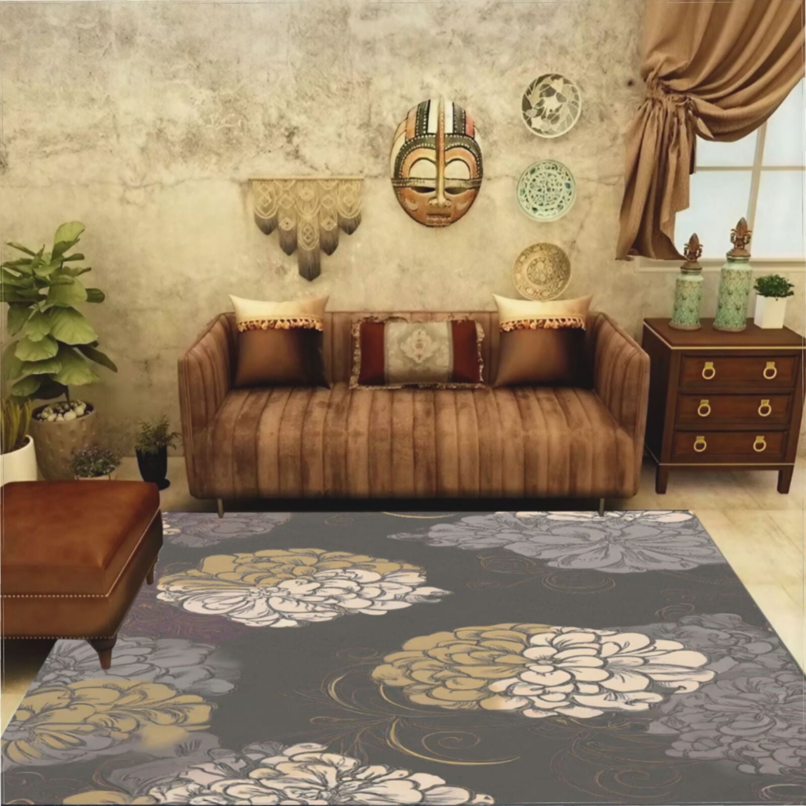 Floral Dark Grey Pattern Light Luxury Retro Carpet Large Size Living ...