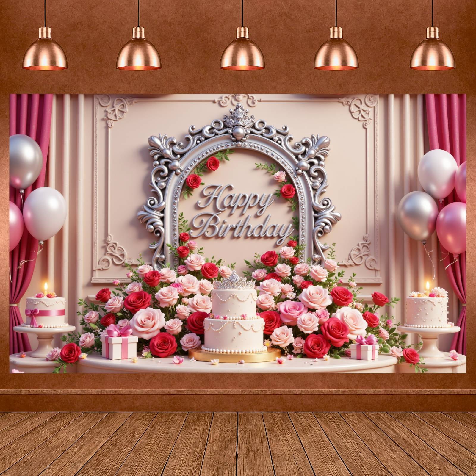 Floral Decor Banner Silver Frame Birthday Display Pink Balloons Elegant ...