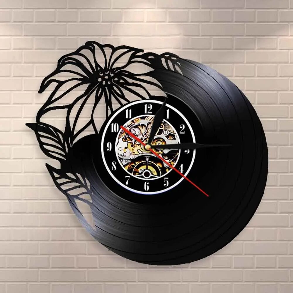 Floral Decor Vinyl Wall Clock,Vinyl Record Clock Wall Art Black ...