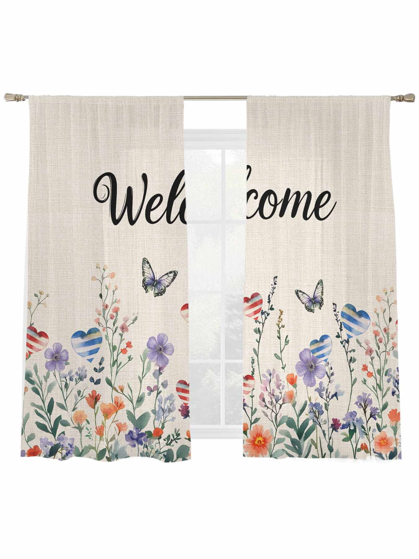 Floral Decor Welcome Sheer Curtains 2 Panels Set Seasonal Flowers ...