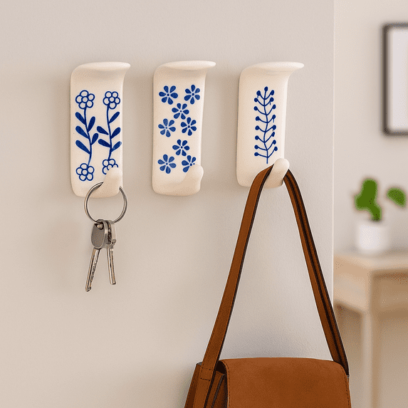 Floral Decorative Ceramic Adhesive Wall Hooks for Hanging Coats, Leash ...