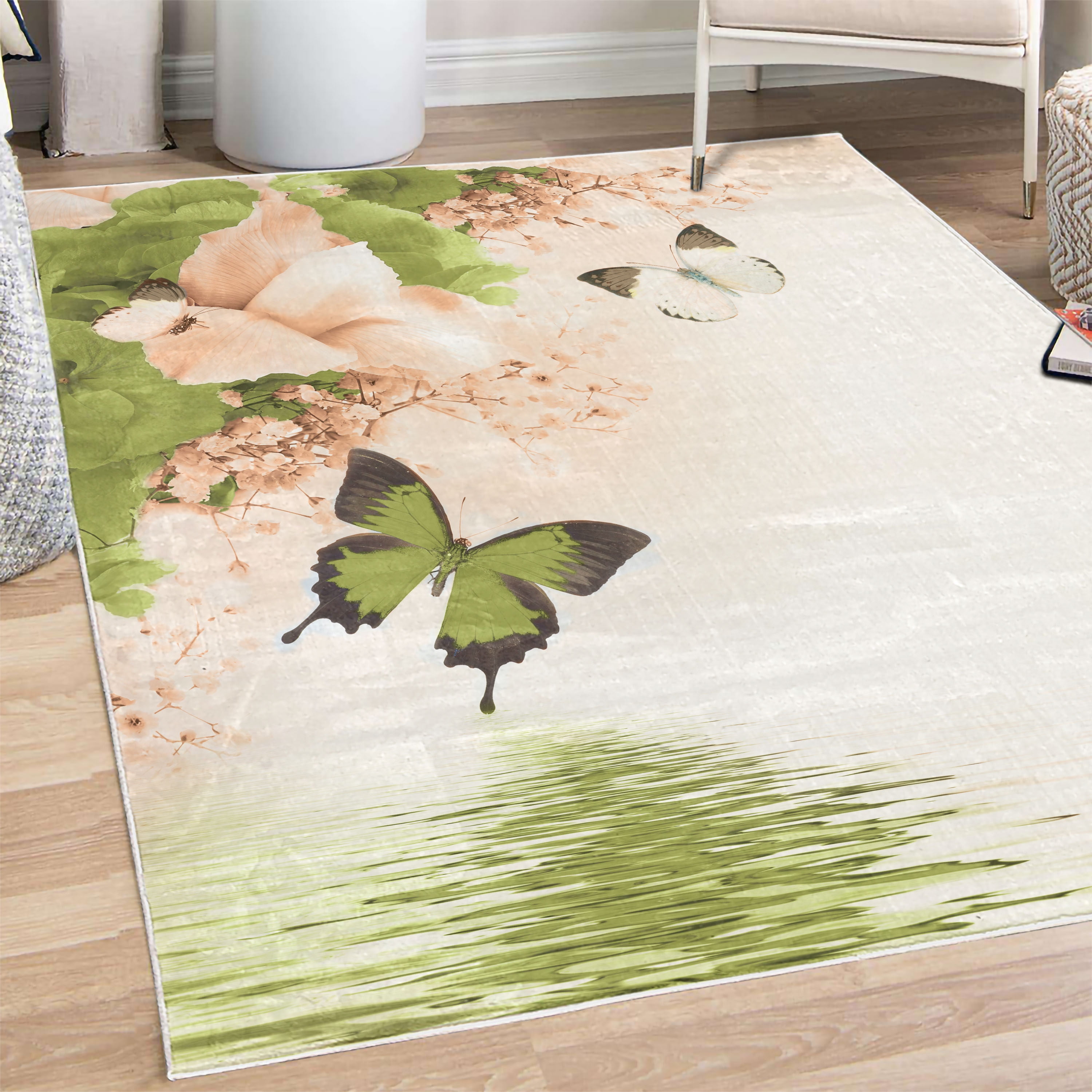 Floral Decorative Rug, Nature Theme Wild Flowers Monarch Flying ...