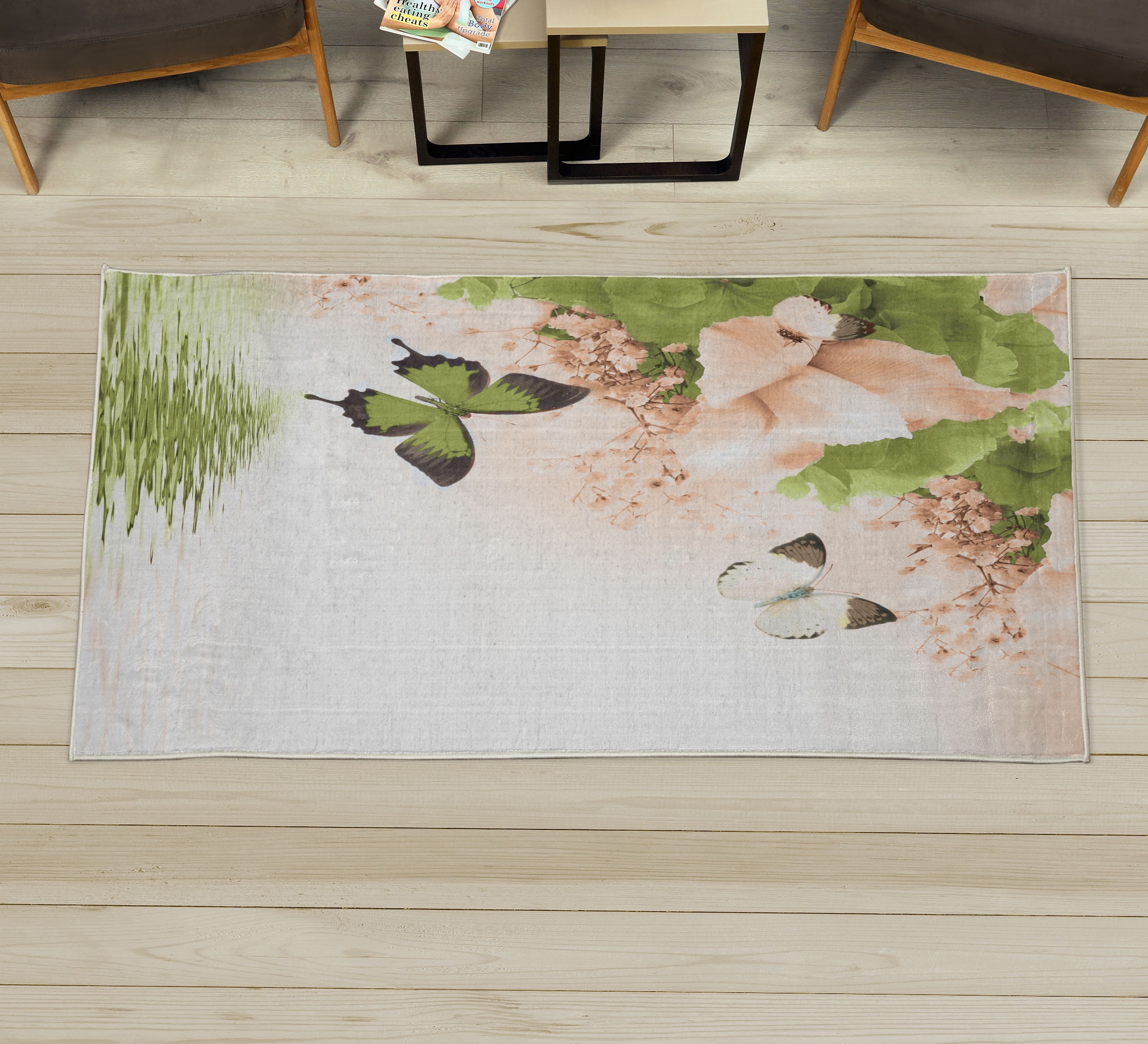 Floral Decorative Rug, Nature Theme Wild Flowers Monarch Flying ...