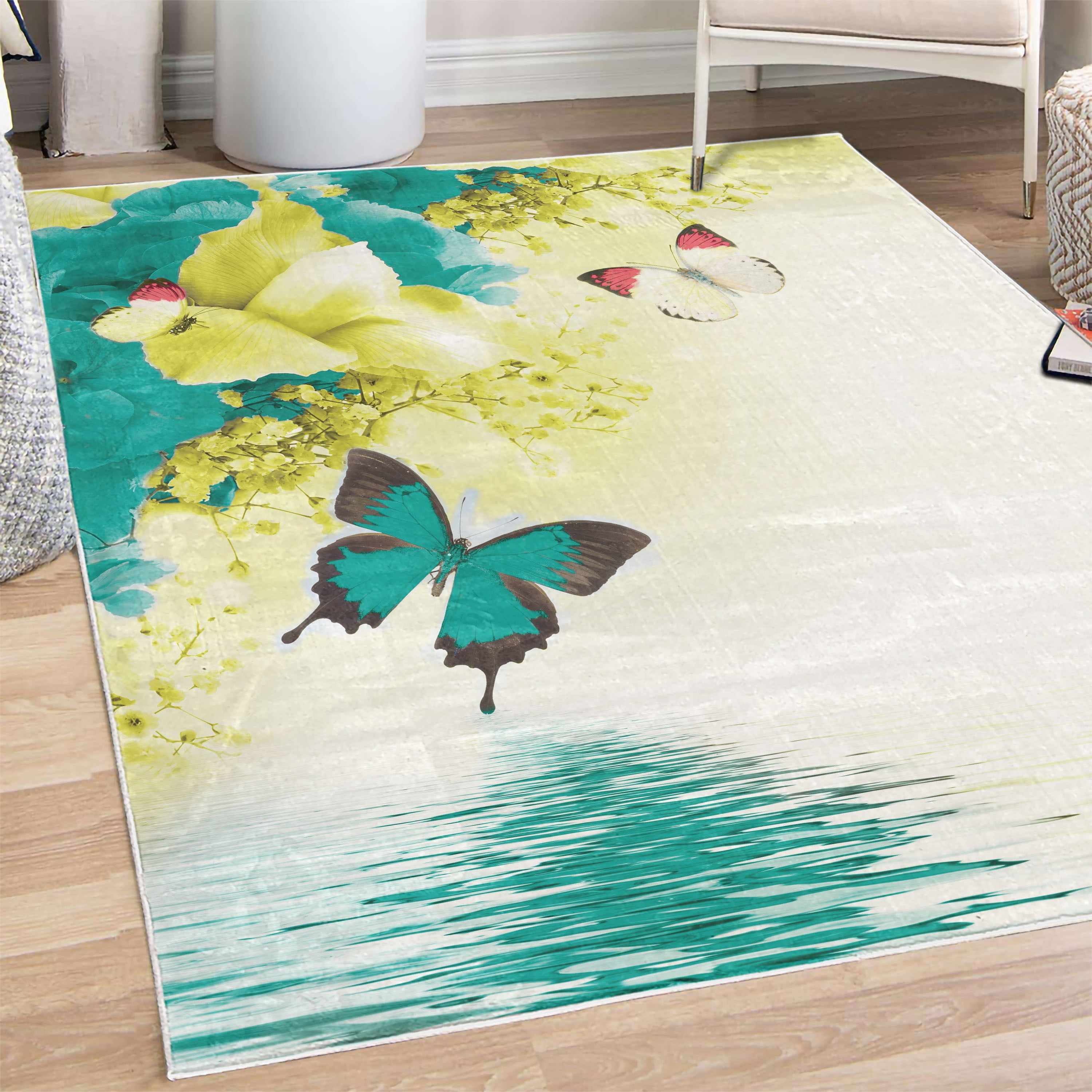Floral Decorative Rug, Nature Theme Wild Flowers Monarch Flying ...
