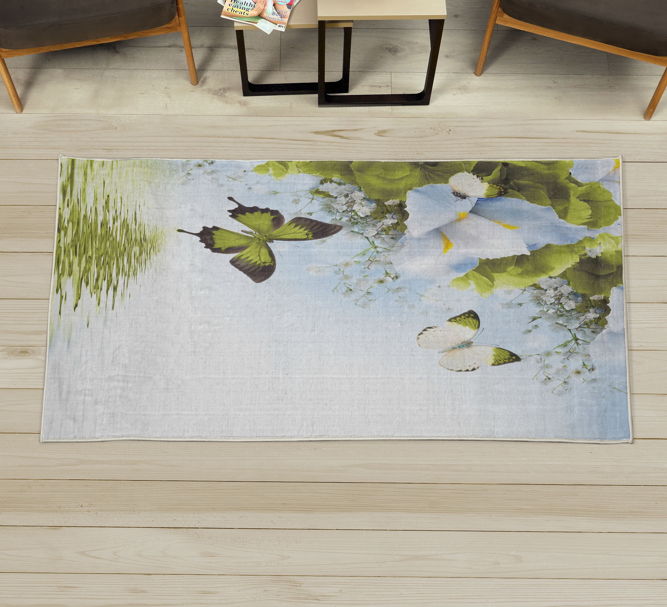 Floral Decorative Rug, Nature Theme Wild Flowers Monarch Flying ...