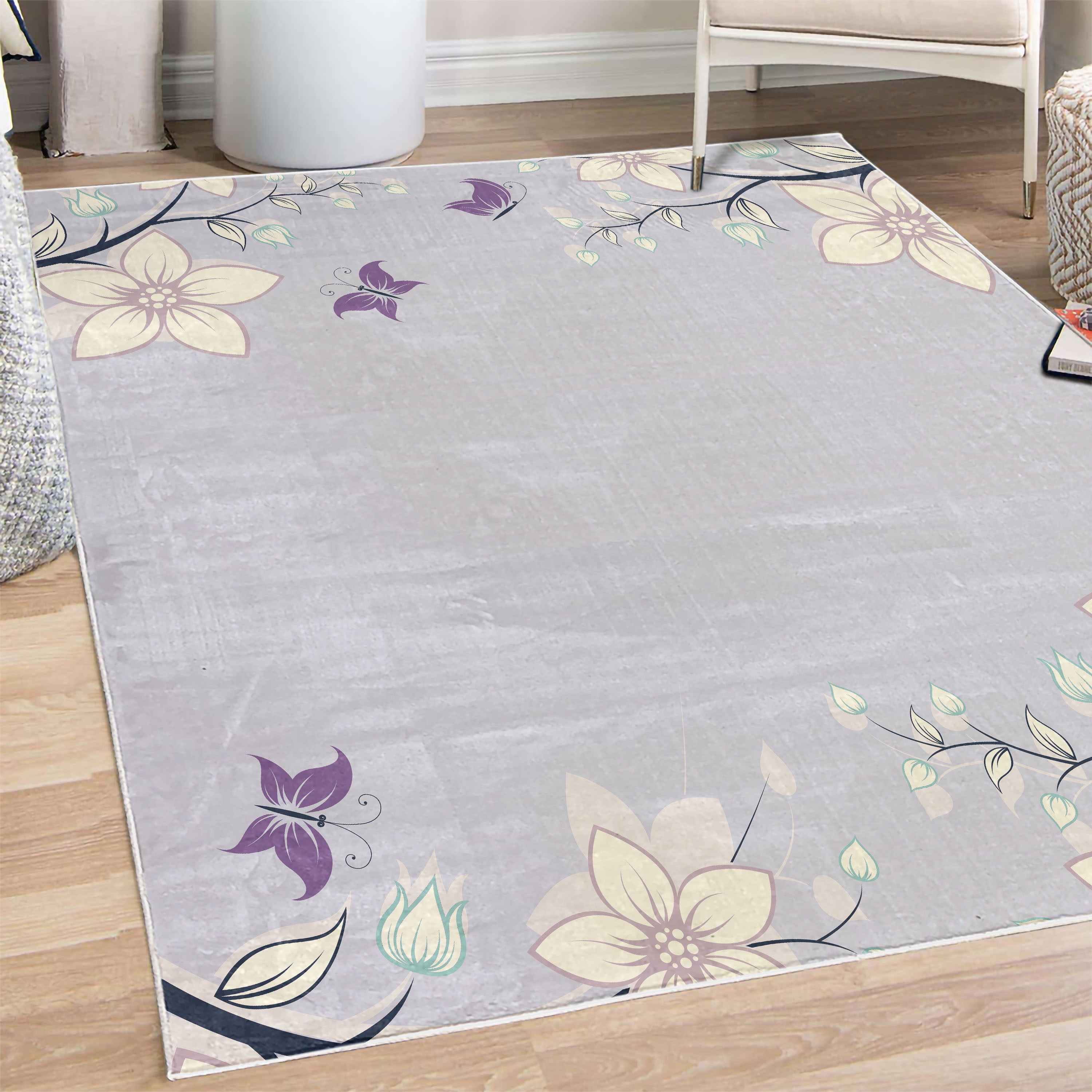 Floral Decorative Rug, Spring Flowers Leaves Branches Buds Butterflies ...
