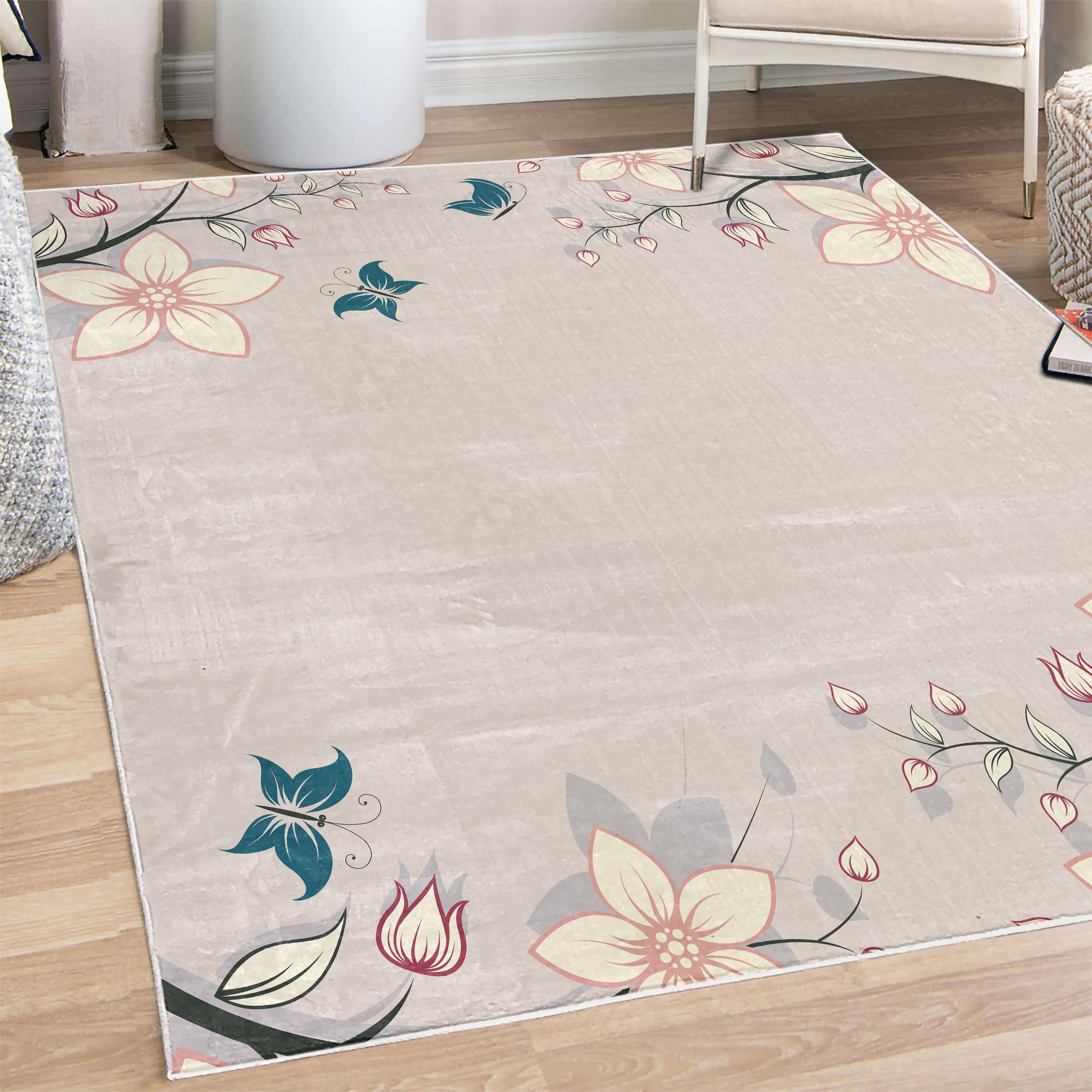 Floral Decorative Rug, Spring Flowers Leaves Branches Buds Butterflies ...