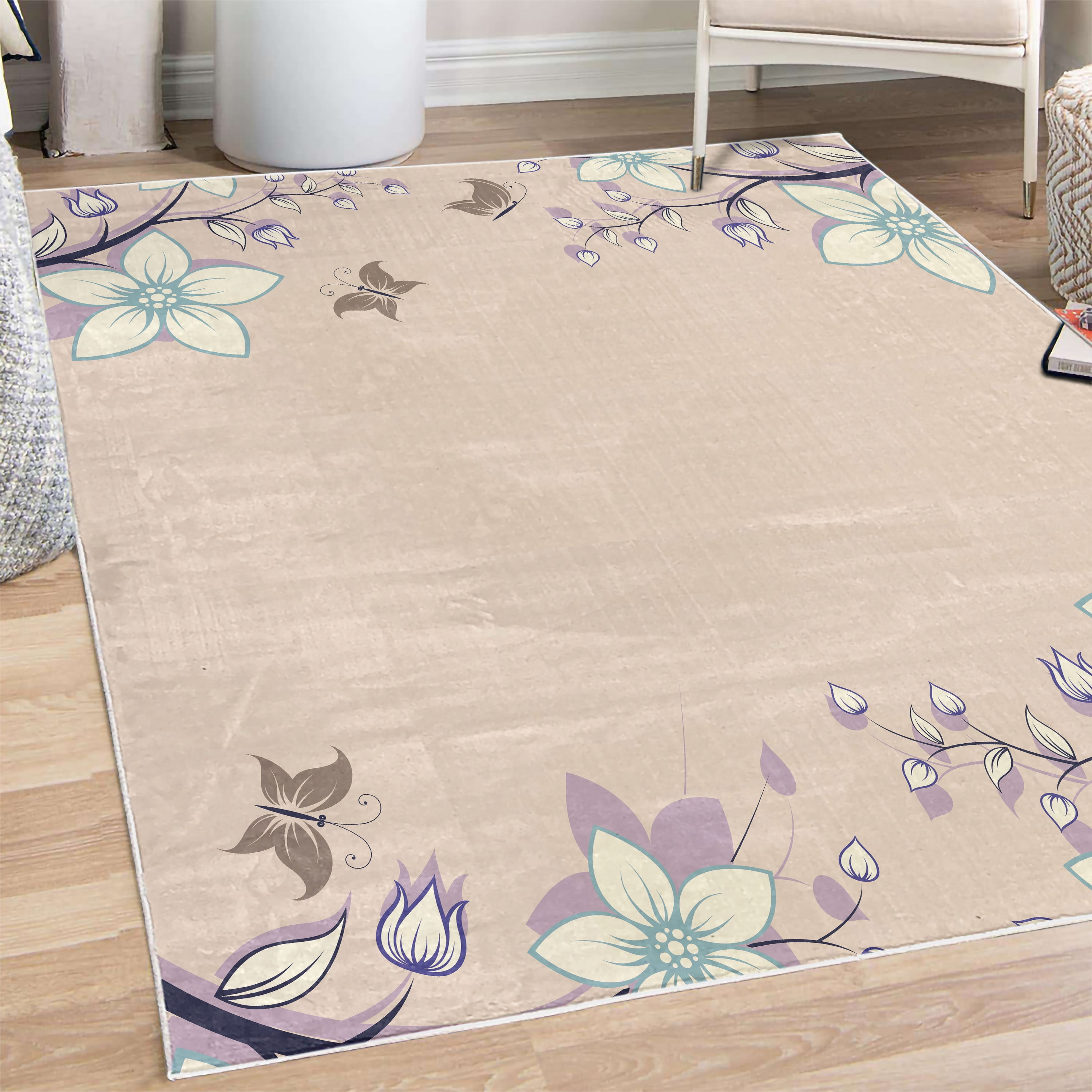 Floral Decorative Rug, Spring Flowers Leaves Branches Buds Butterflies ...
