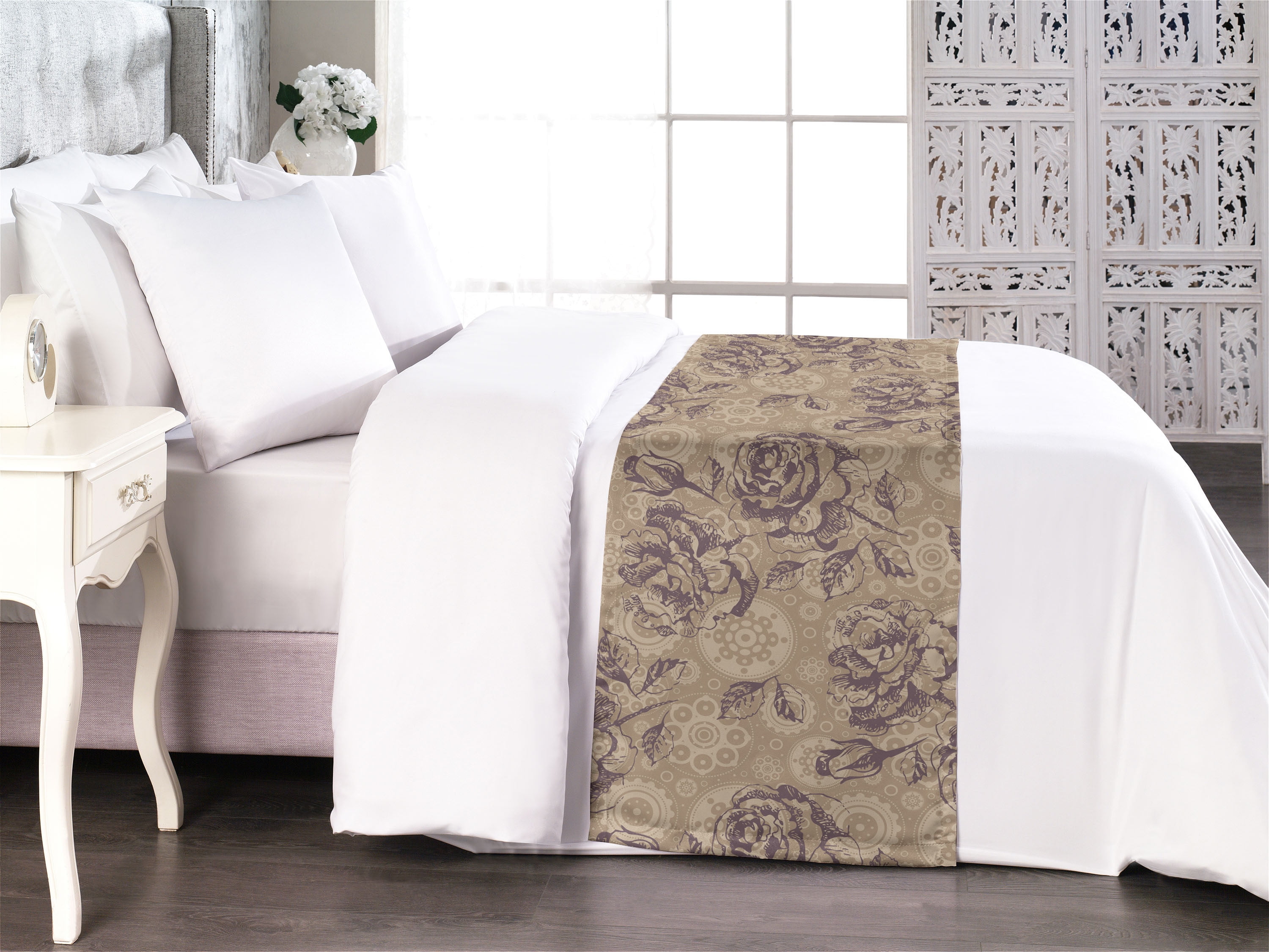 Floral Design Bed Runner, Oriental Themed Rose Silhouettes on Mandala ...