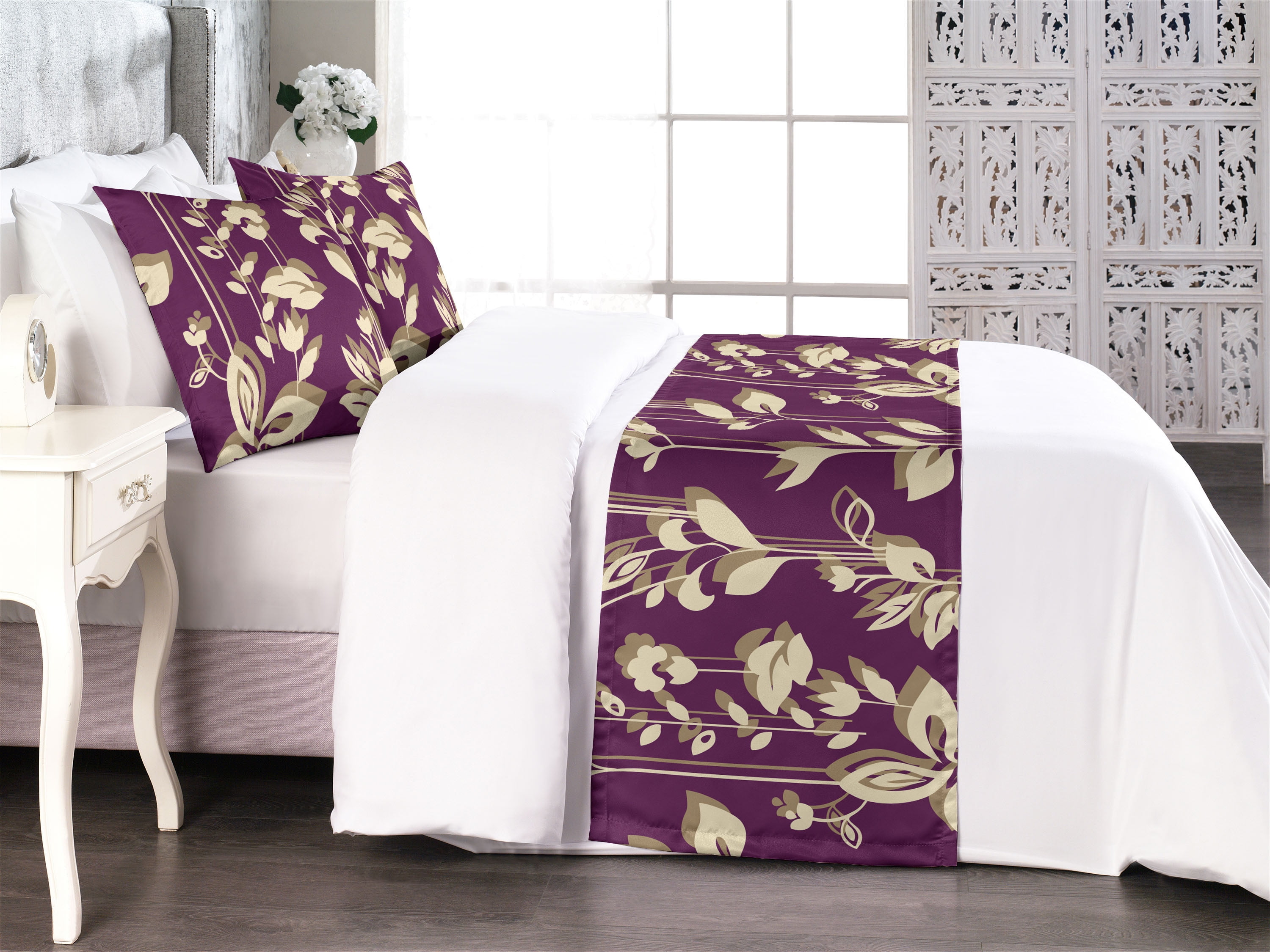 Floral Design Bed Runner Set, Simple Boho Romantic Flower Silhouettes ...
