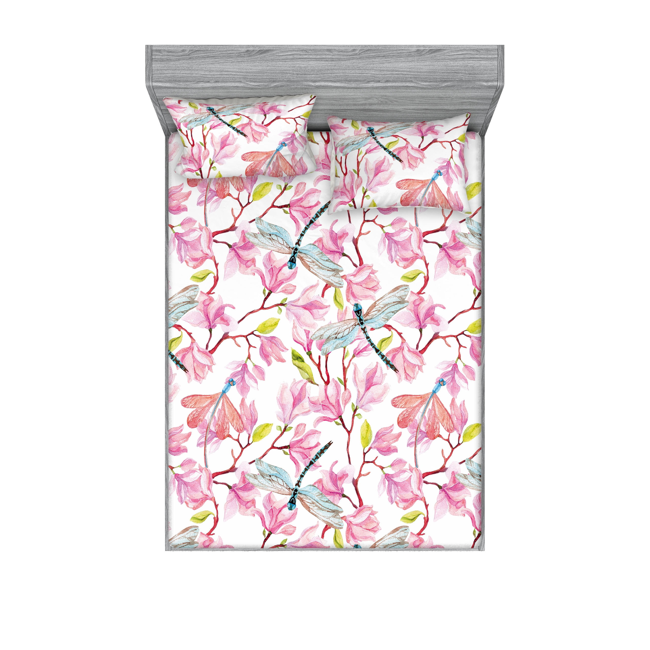 Floral Design Fitted Sheet & Pillow Sham Set, Watercolor Springtime ...