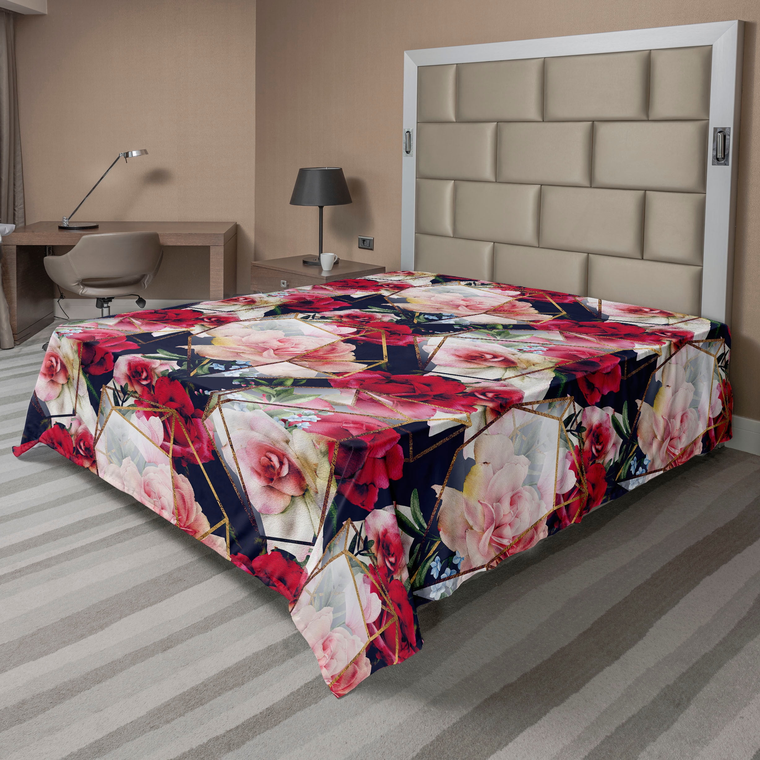 Floral Design Flat Sheet, Golden Tone Geometric Lattice Pattern with ...