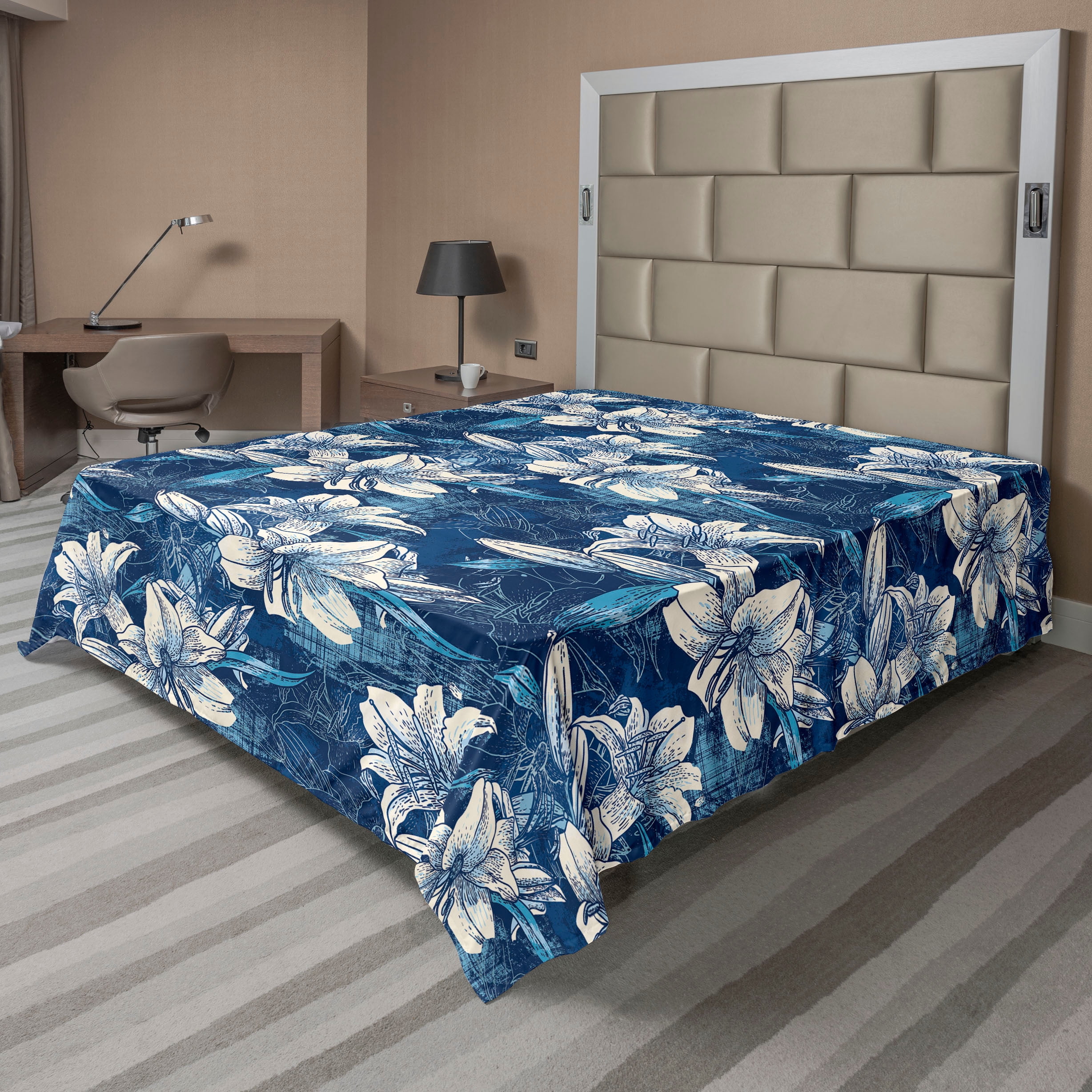 Floral Design Flat Sheet, Neutral Colors Boho Lily Sketch Pattern on ...