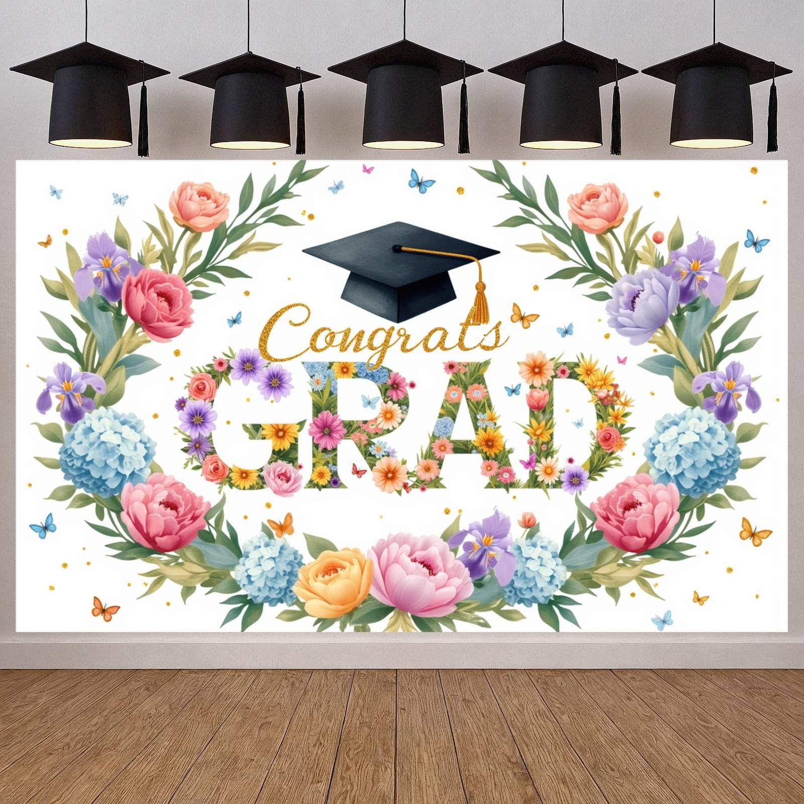 Floral Design Graduation Banner Butterfly Accents Graduation Backdrop ...