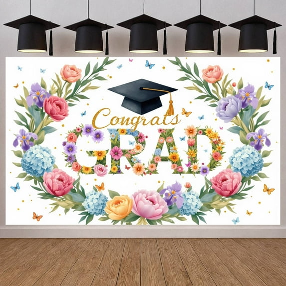 Floral Design Graduation Banner Butterfly Accents Graduation Backdrop ...