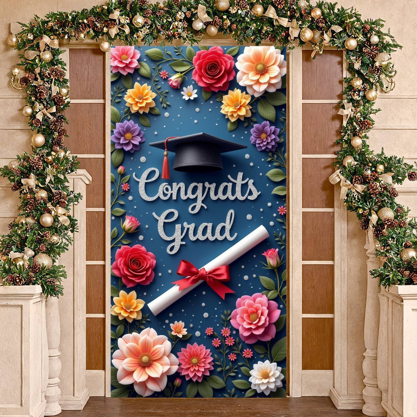 Floral Design Graduation Banner Glittery Text Congrats Grad Display ...