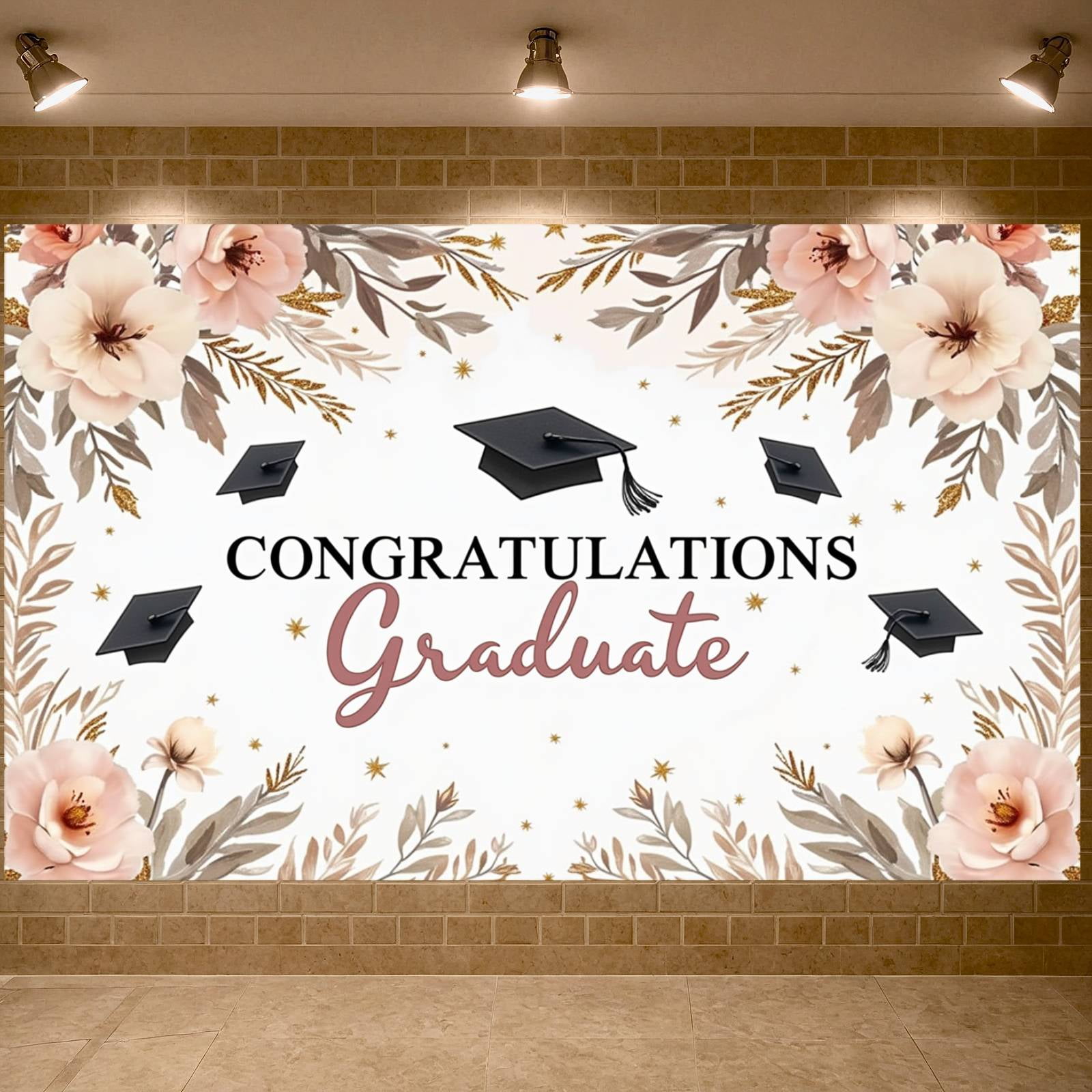 Floral Design Graduation Banner Gold Stars Congratulations Display ...