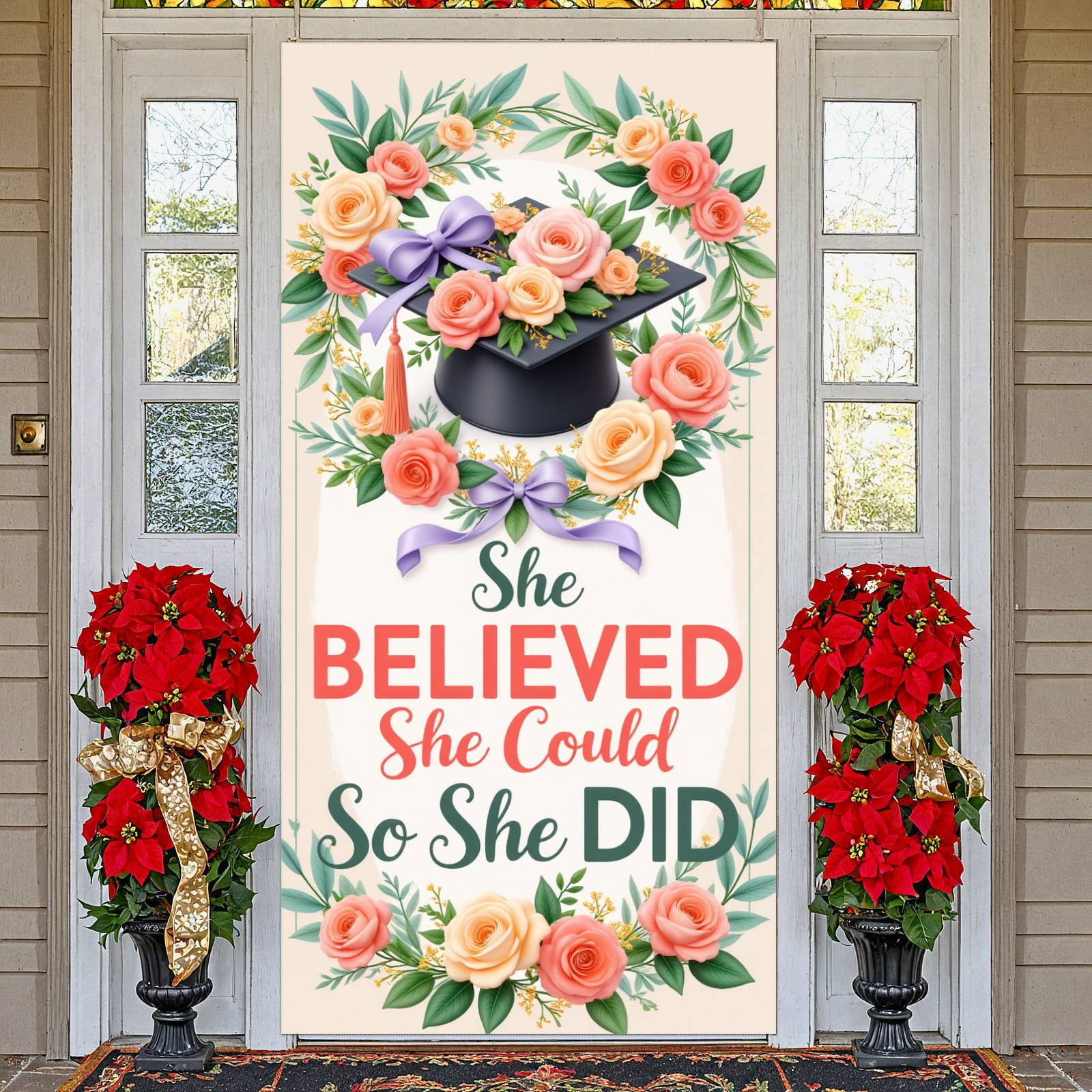 Floral Design Graduation Banner Purple Bow Achievement Backdrop ...