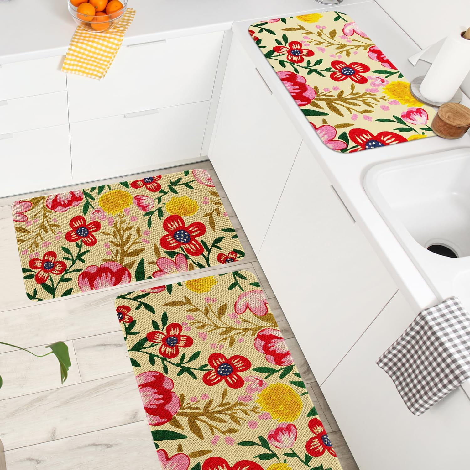 Floral Design Kitchen Mats for Floor Set of 2 Pieces Kitchen Rugs and ...