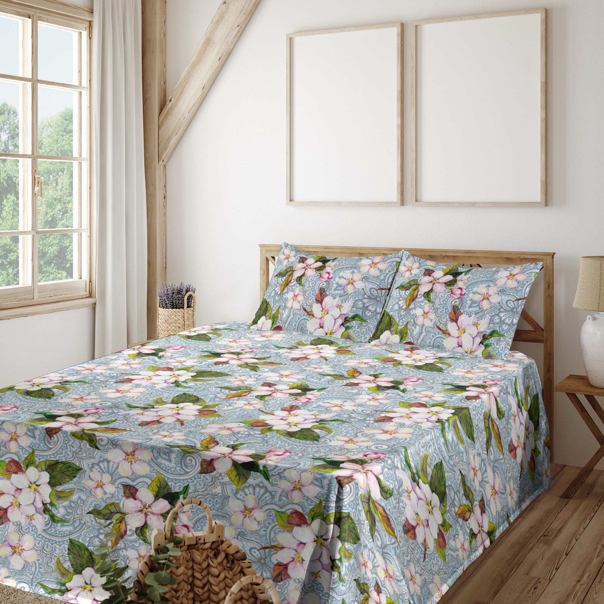 Floral Design Sheet Set, Asian Springtime Flowers with Leaf Pattern on ...