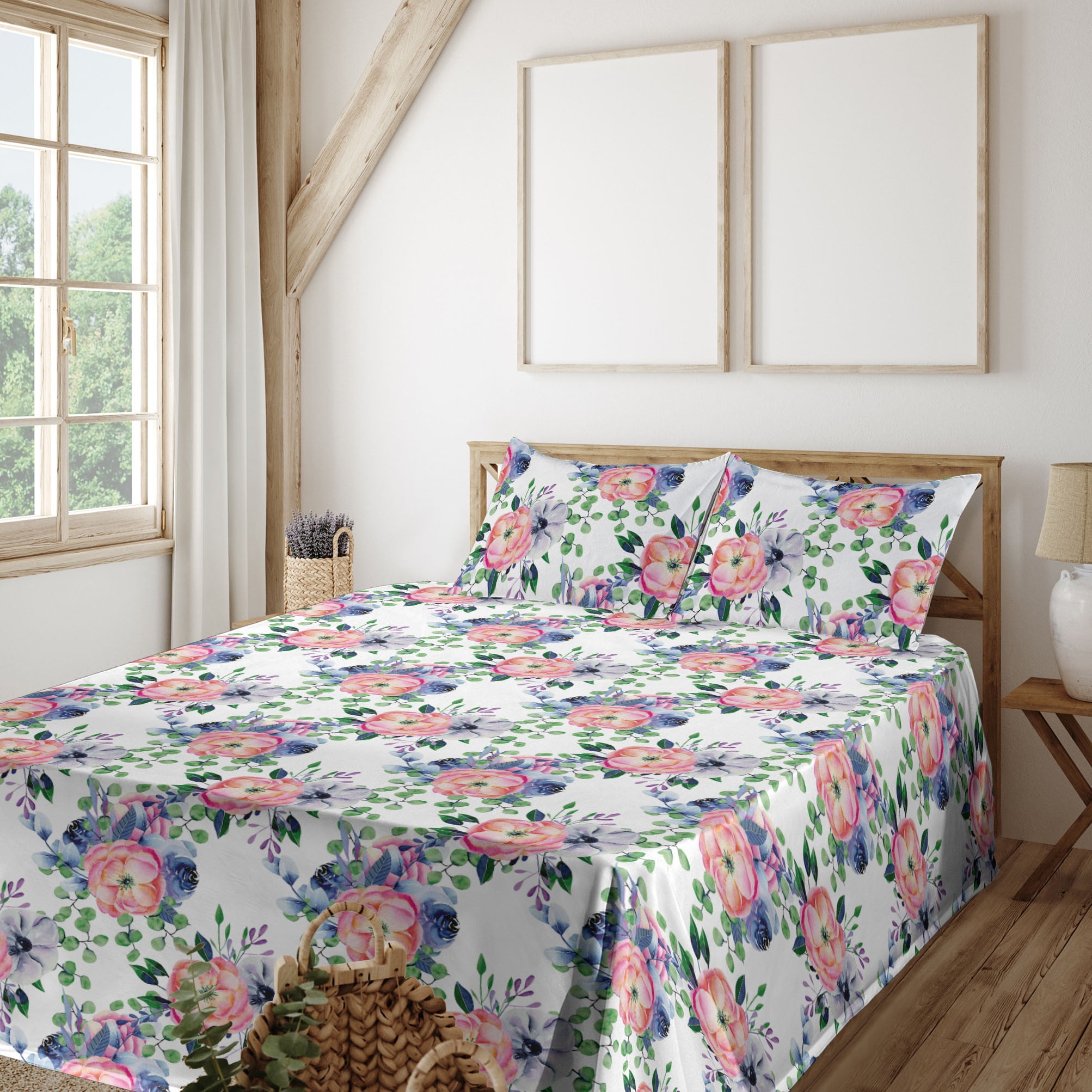 Floral Design Sheet Set, Peony and Lilac Pattern with Leaves Greenery ...