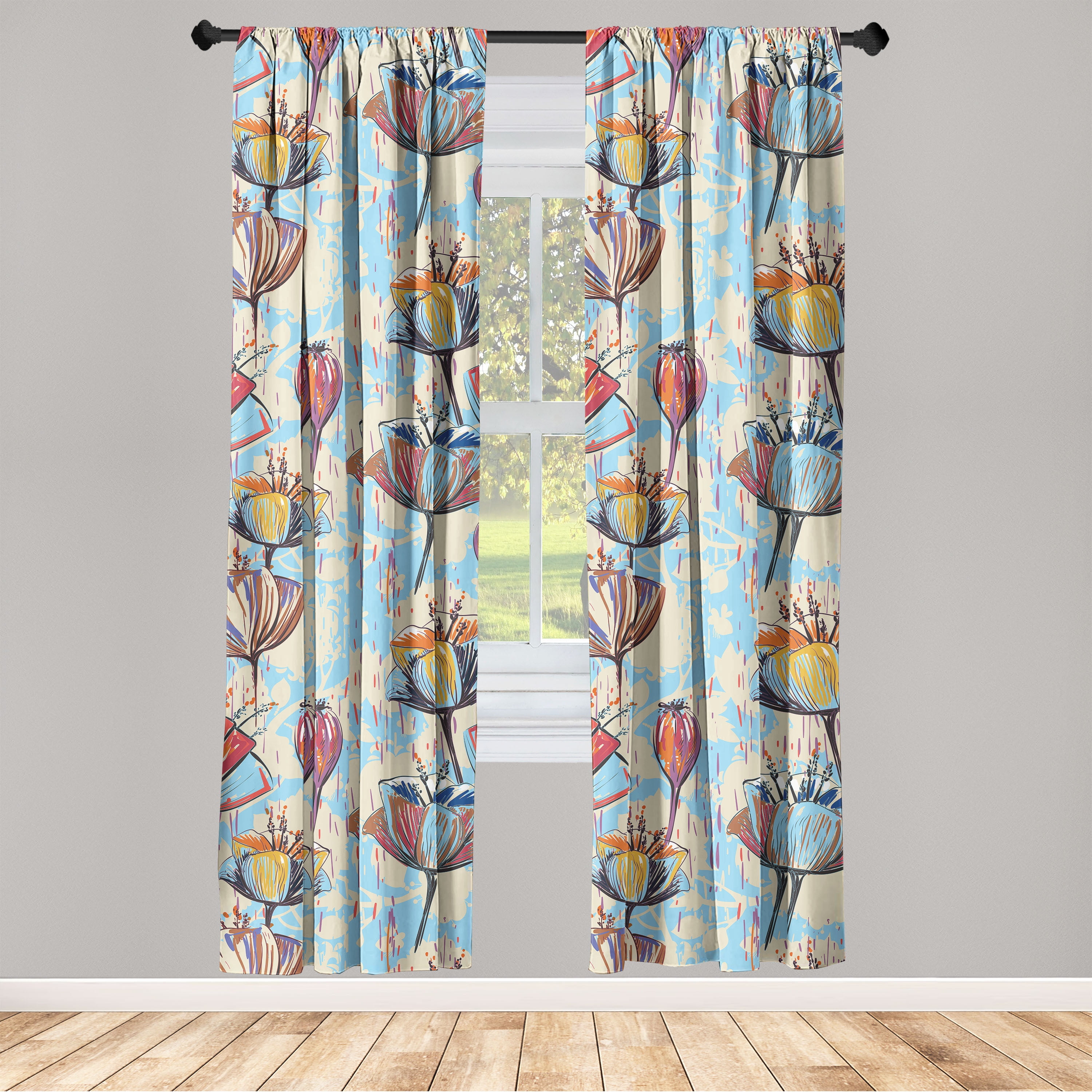 Floral Design Window Curtains, Contemporary Art Colors Garden Scene ...