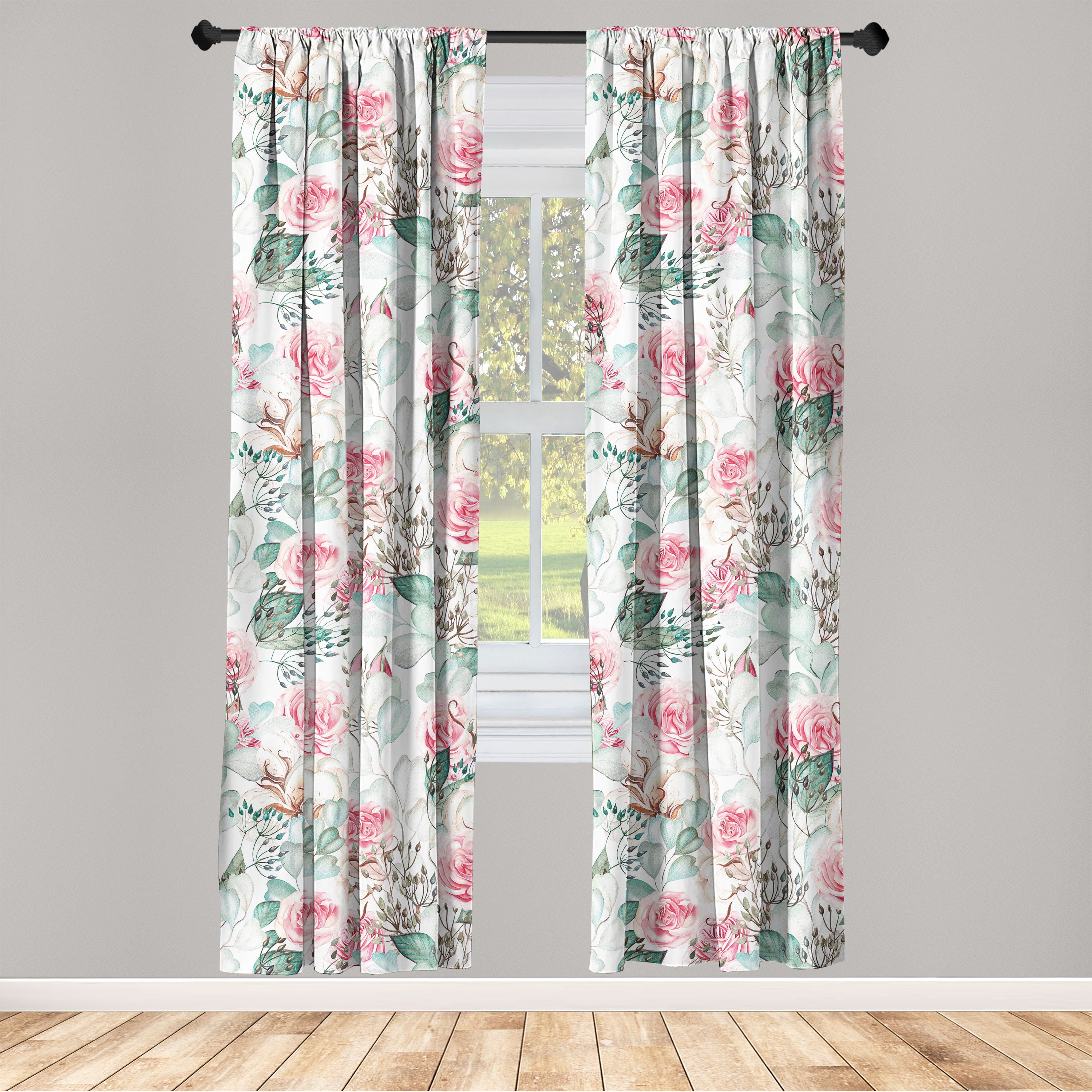 Floral Design Window Curtains, Garden Scene Illustration of Eucalyptus ...