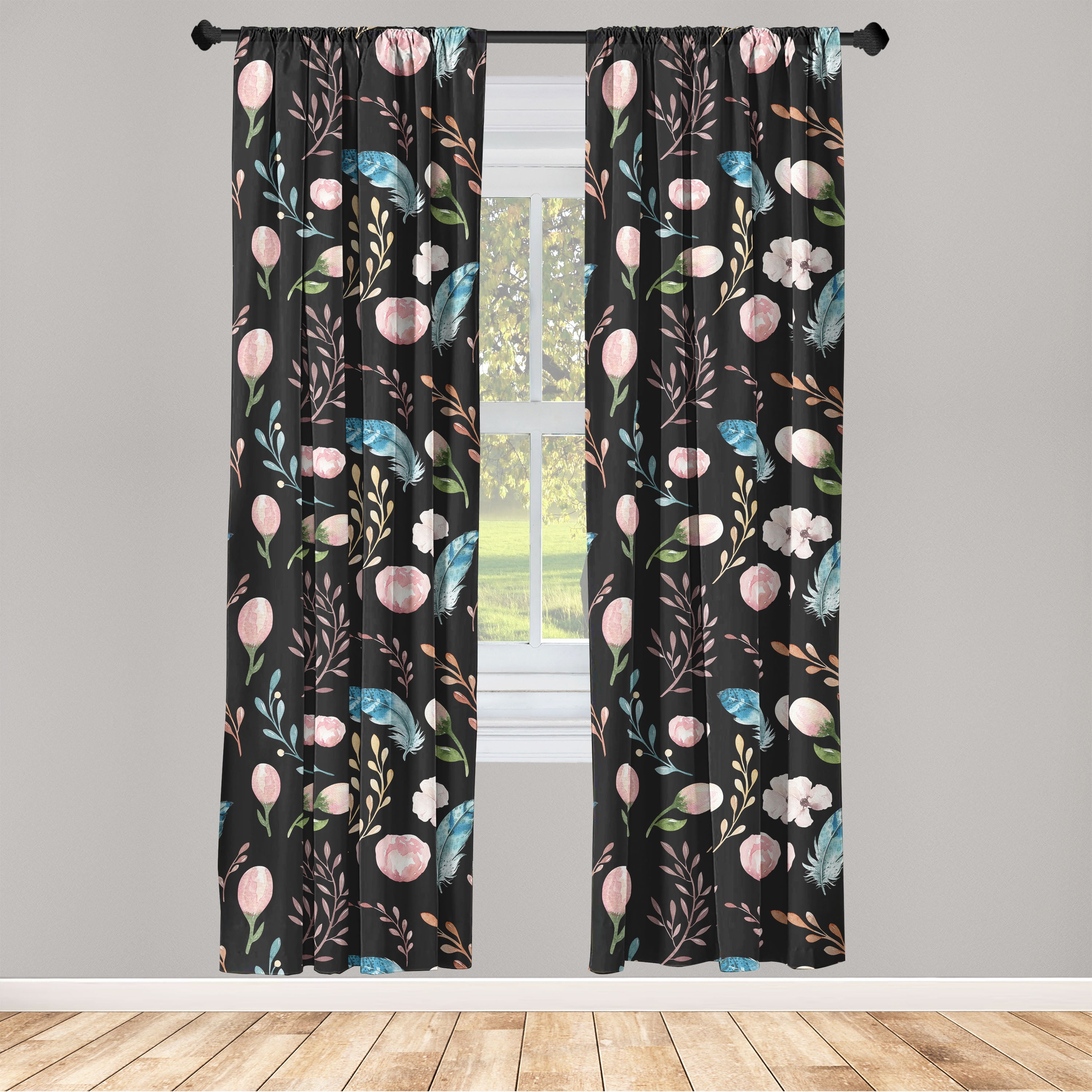 Floral Design Window Curtains, Night Time Look Blooming Flowers Leaves ...