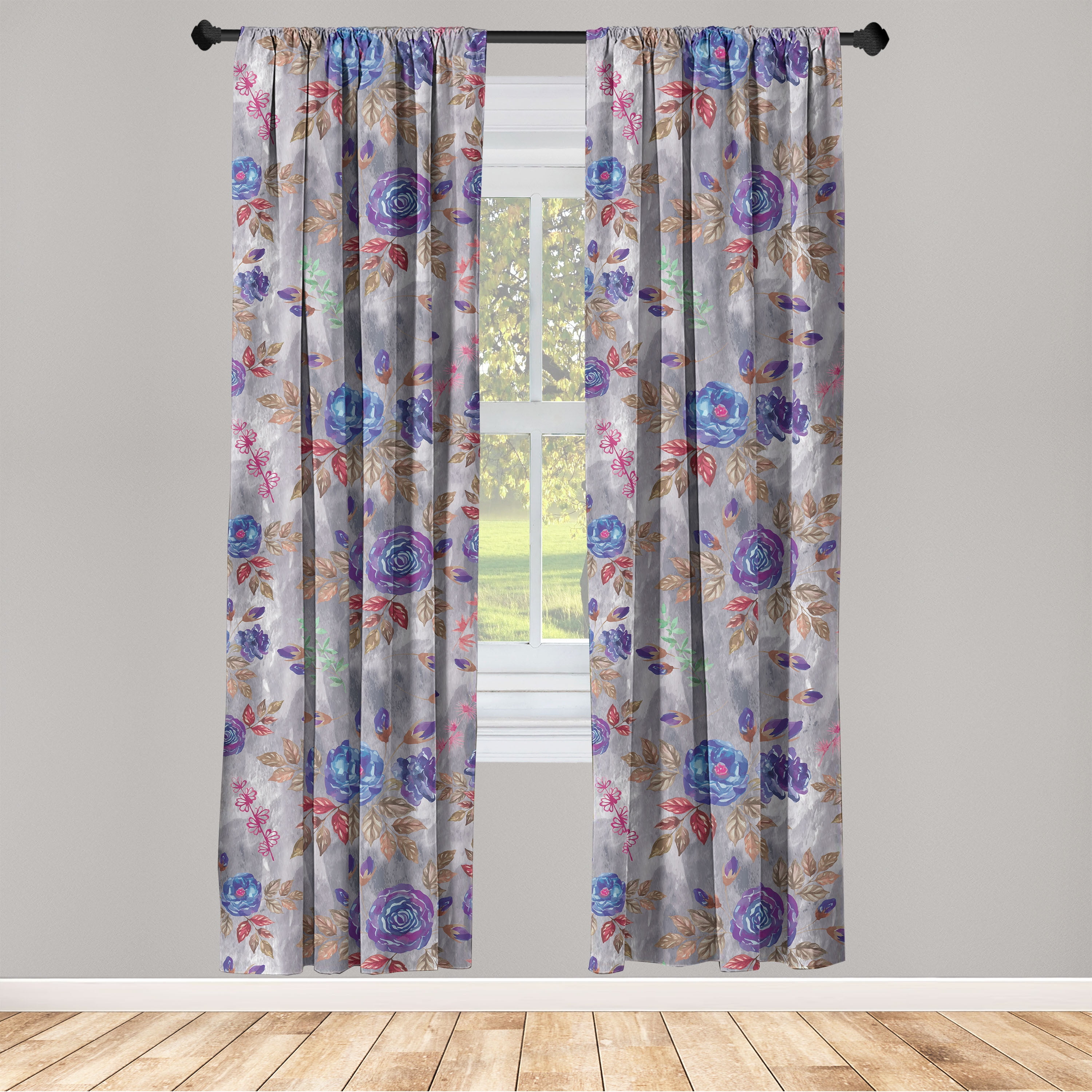 Floral Design Window Curtains, Simple Boho Flowers with Autumnal Leafy ...