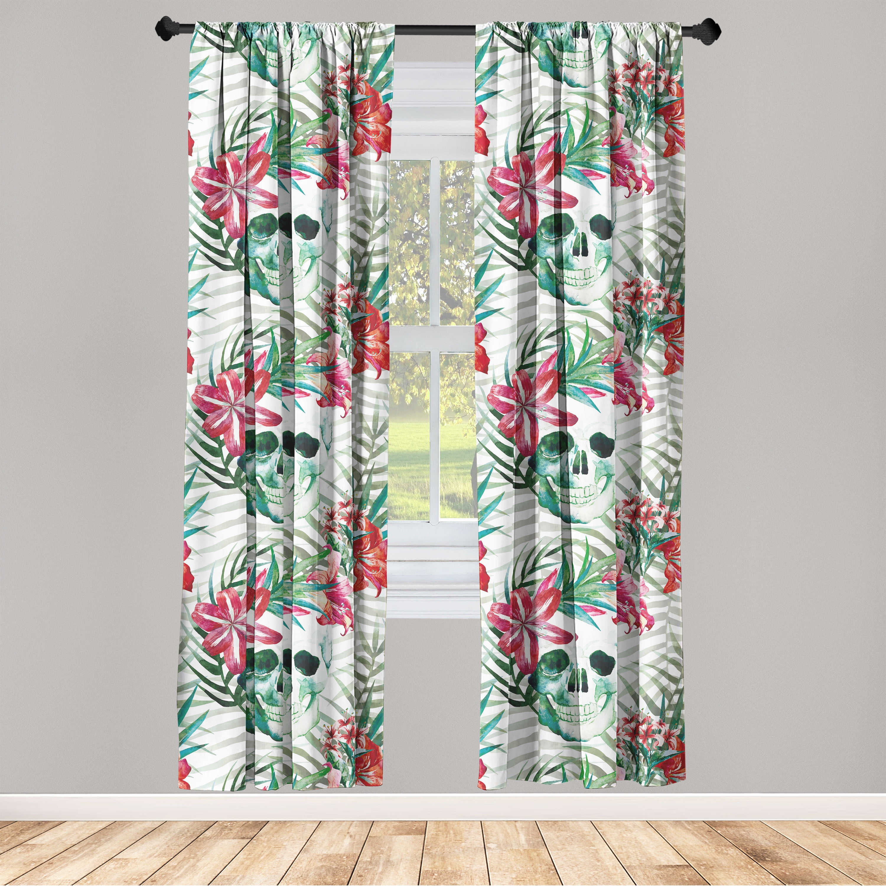 Floral Design Window Curtains, Watercolor Skull Pattern with Leaves ...