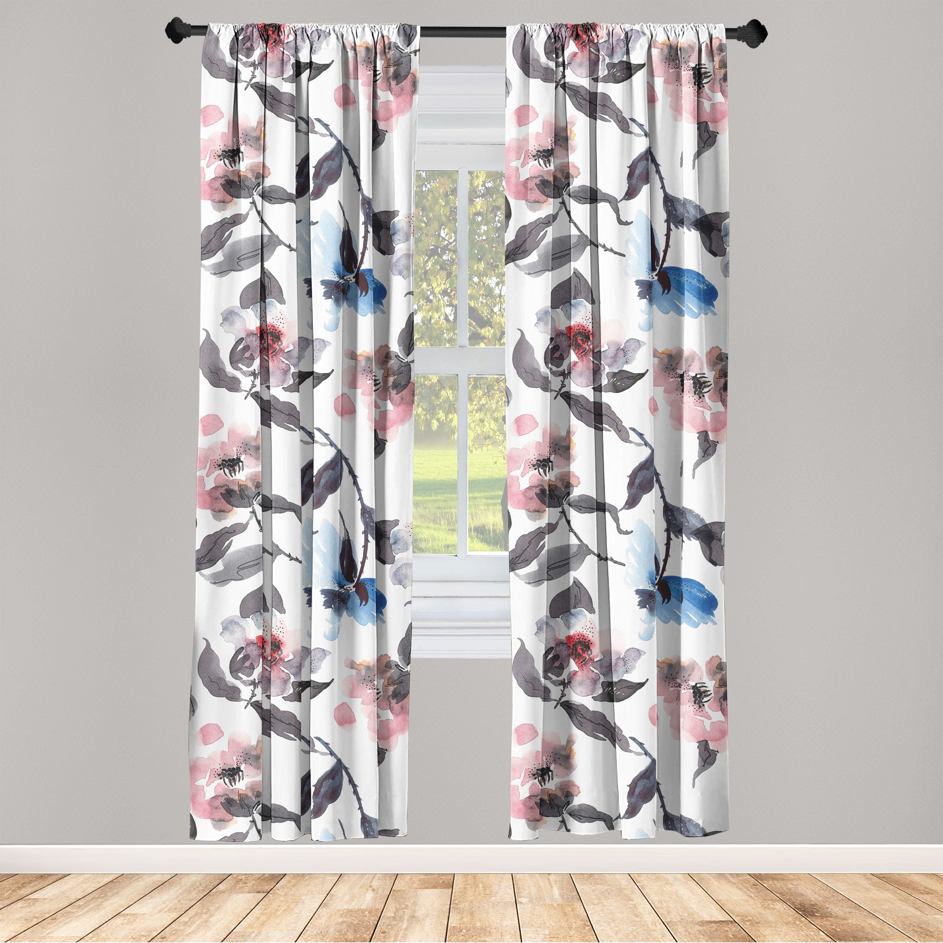 Floral Design Window Curtains, Watercolor Style Blooming Branches in ...