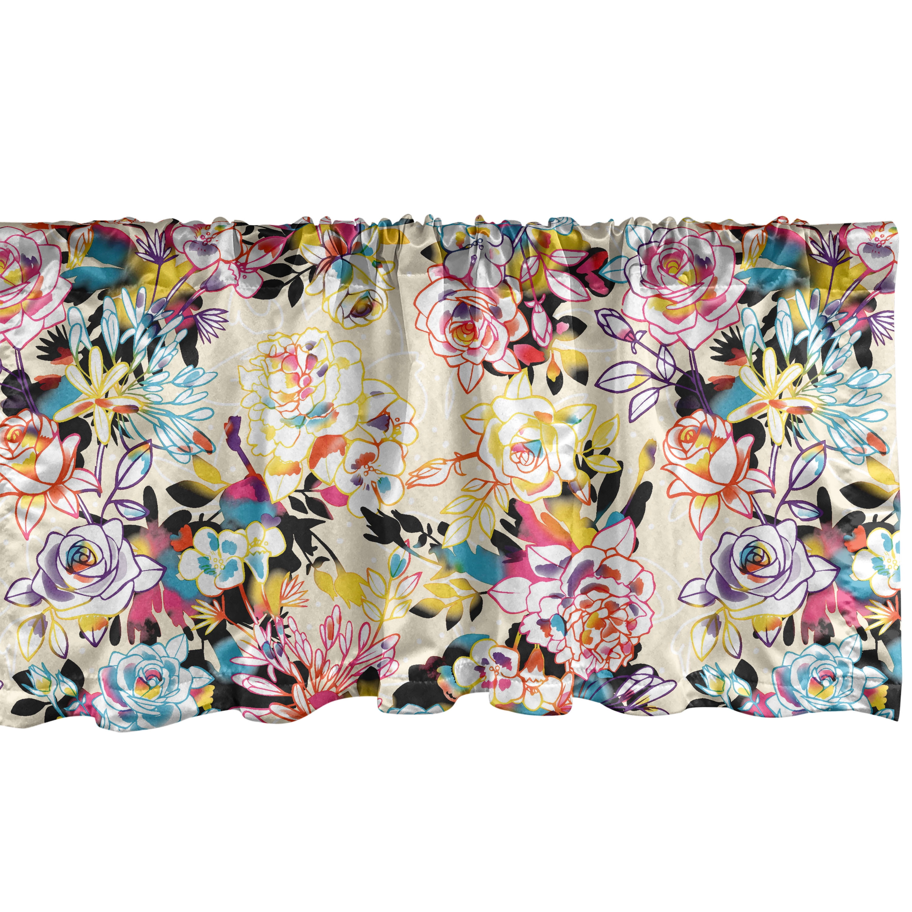 Floral Design Window Valance, Colorful Design Outline Style Pattern of ...