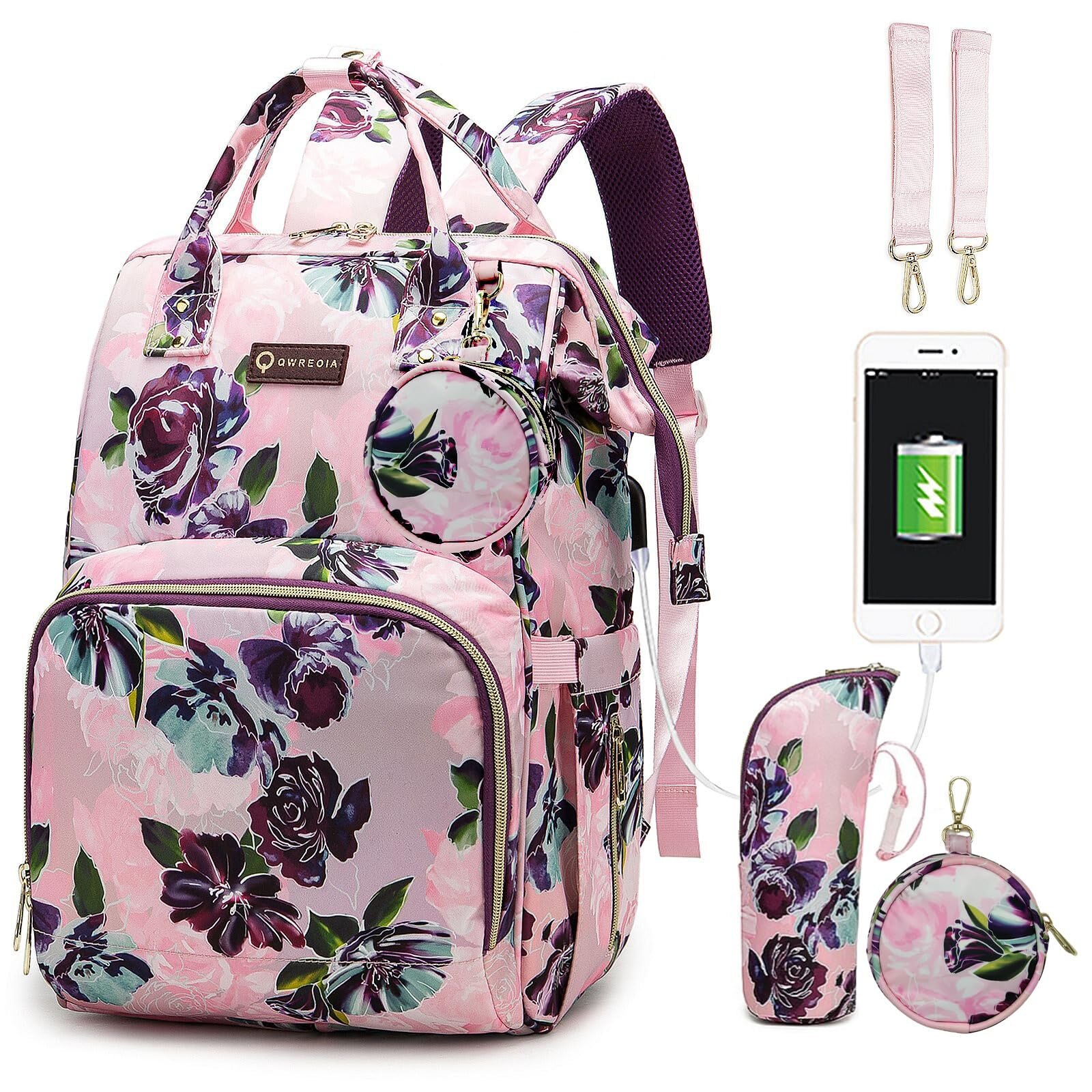 Floral Diaper Bag Backpack with USB Charging Port Stroller Straps and ...