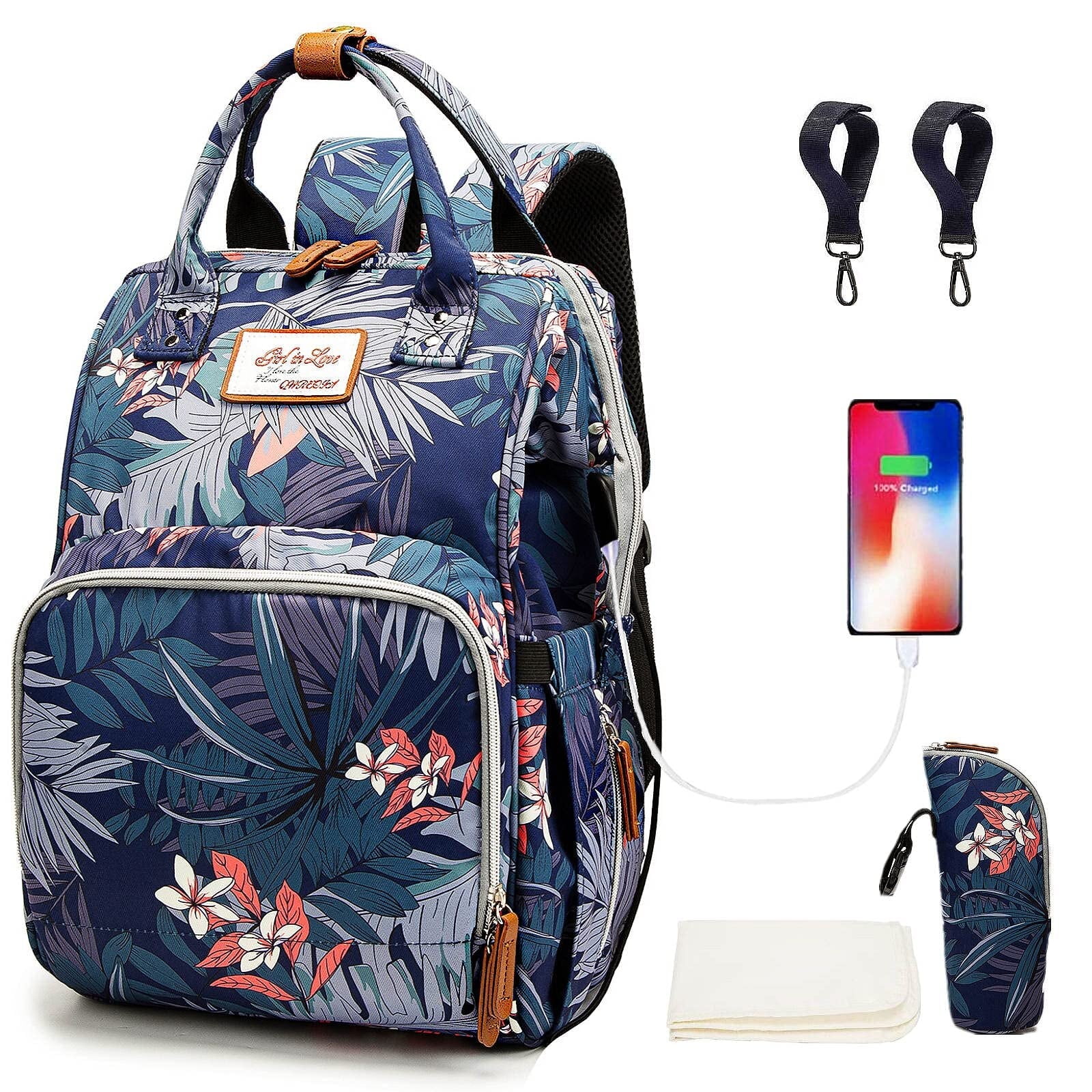 Floral Diaper Bag Backpack with USB Charging Port Stroller Straps and ...