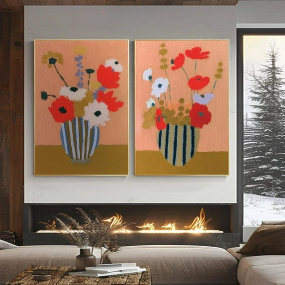 Floral Diptych Wall Art, Hand Painted Abstract Flower Oil Painting ...