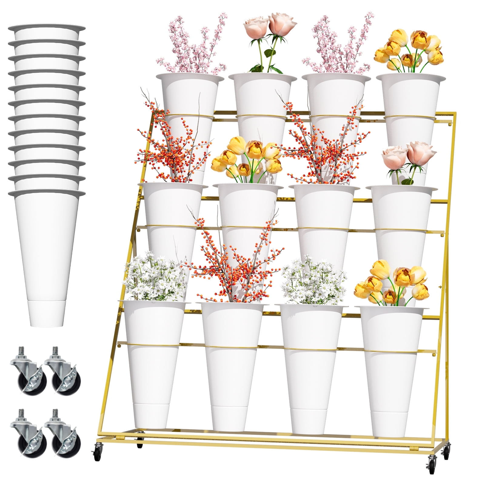 Floral Display Stand with Buckets, Triangular Support Base, 12 White ...