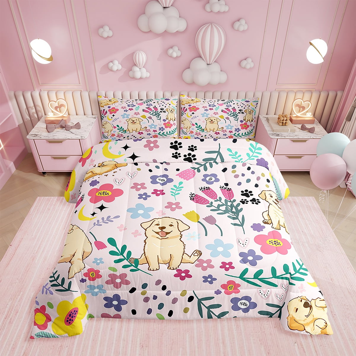 Floral Dog Comforter Full Bedding Set Cartoon Animal Comforter Sets ...