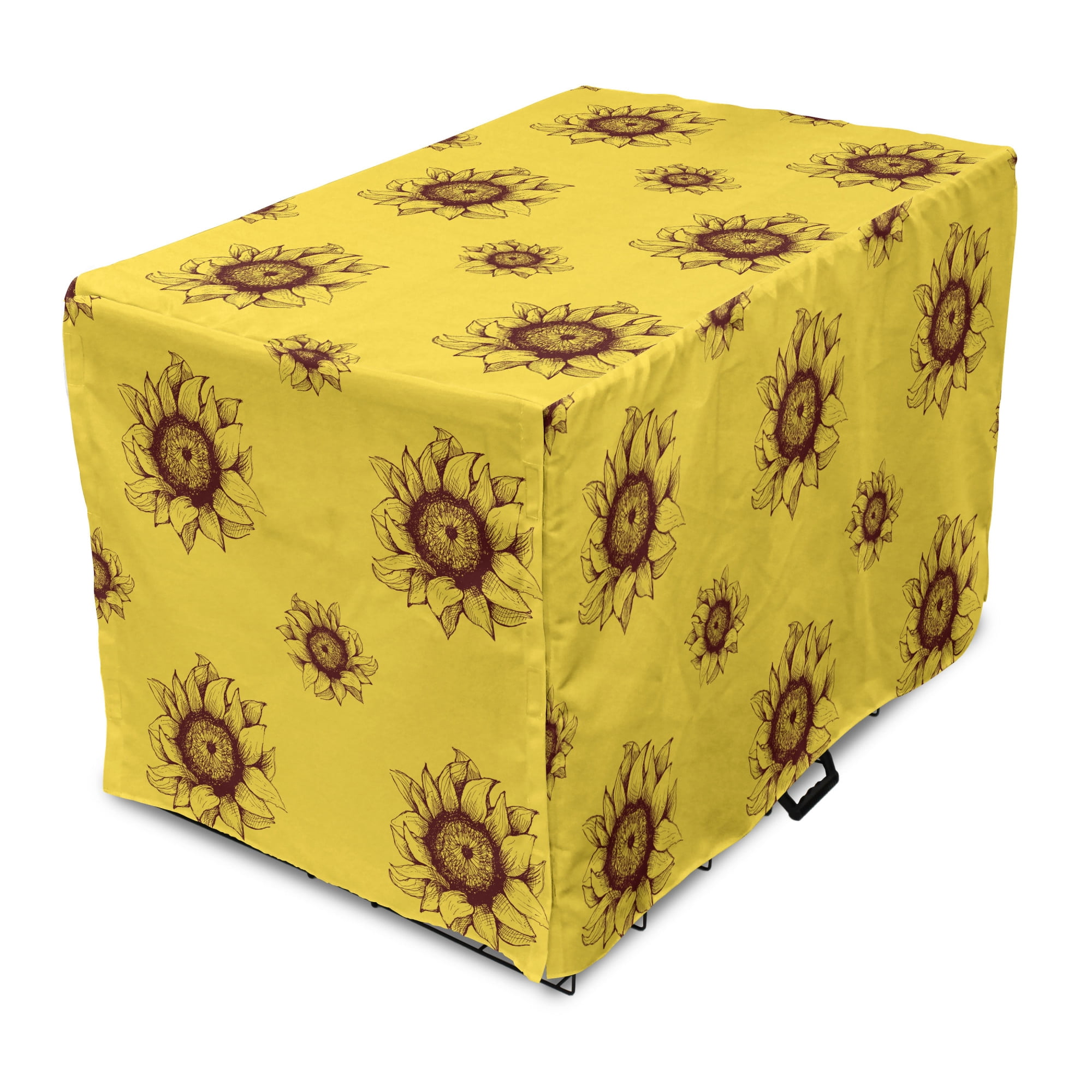 Floral Dog Crate Cover, Top View of Hand Drawn Sun Flowers Pattern ...