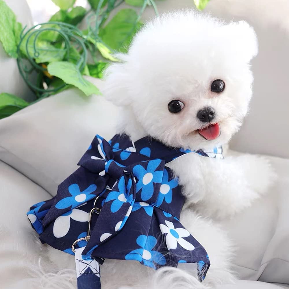 Floral Dog Dress Bowknot Harness Leash Set for Small Dogs Cats Girl ...
