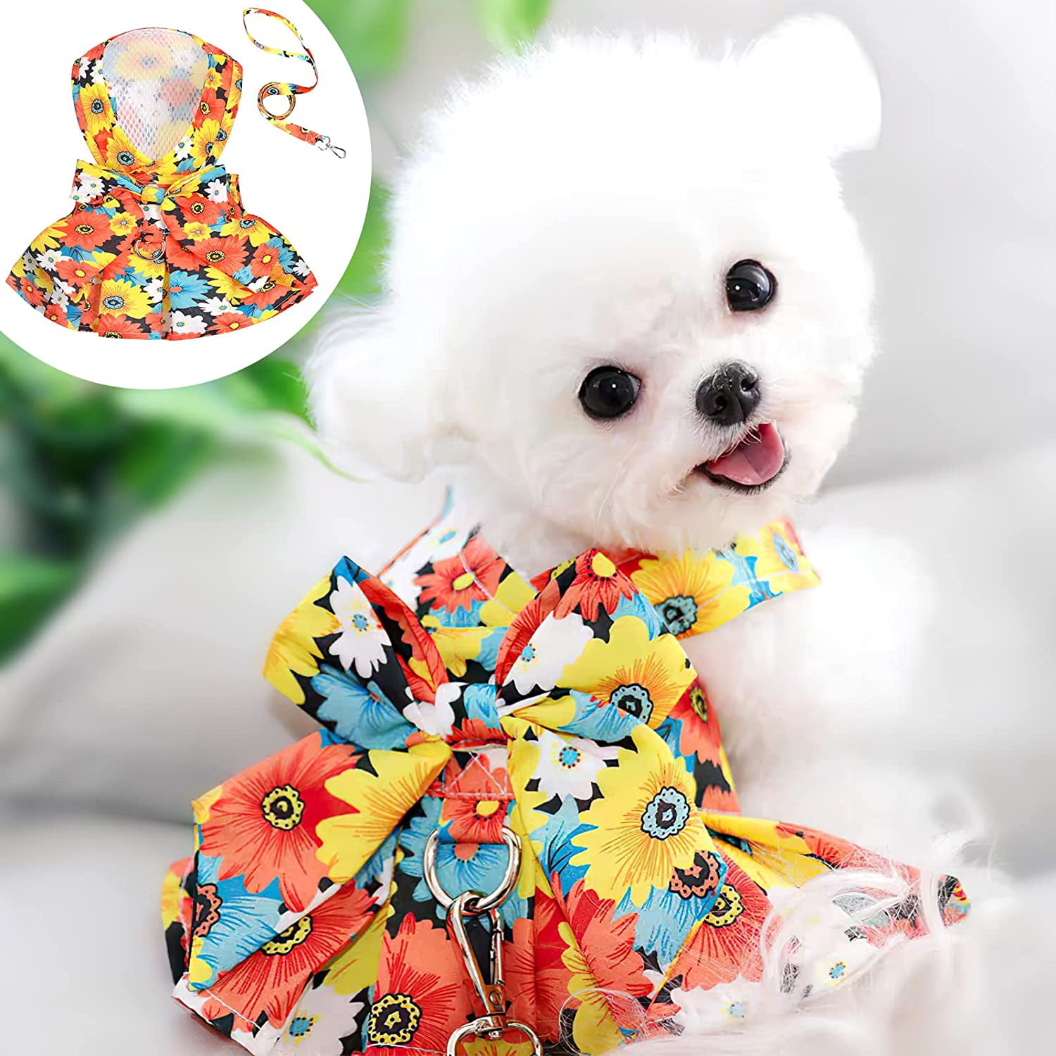 Floral Dog Dress Bowknot Harness Leash Set for Small Dogs Cats Girl ...