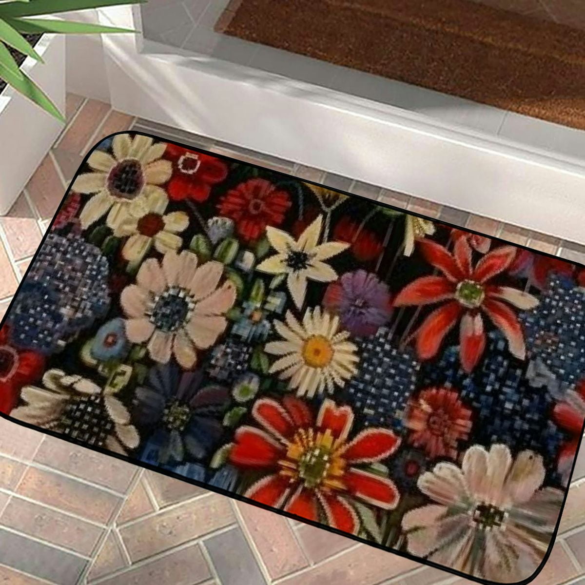 Floral Door Mat Farmhouse Daisy Striped Red Blue Non Slip Floor Mats ...