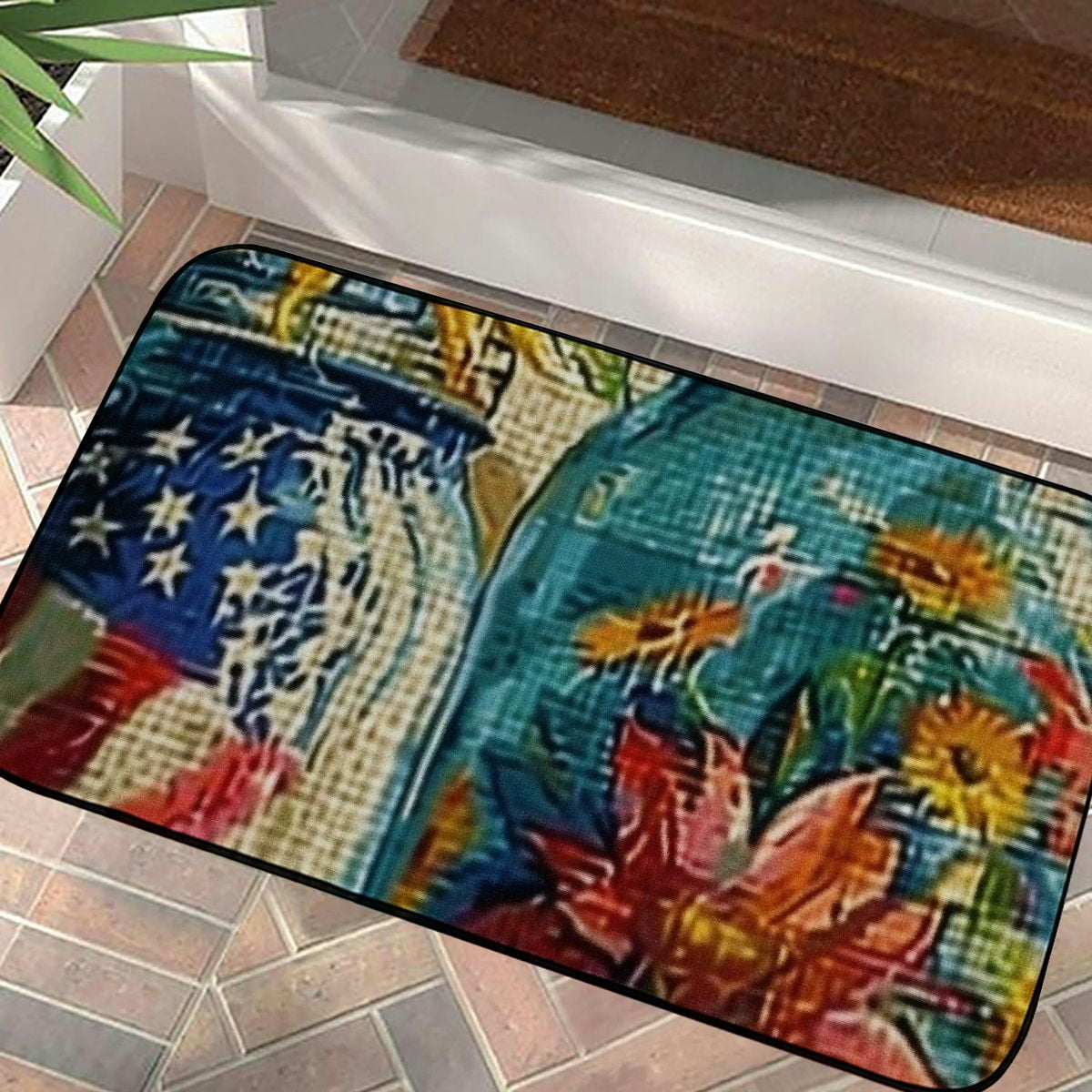 Floral Door Mat Farmhouse Watercolor Sunflower Star Bottle Green Rubber ...