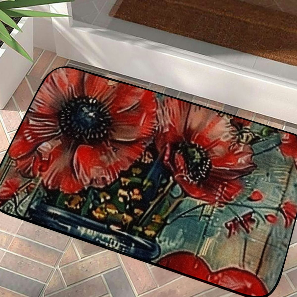 Floral Door Mat Pretty Watercolor Bottle Daisy Blue Rubber Non Slip ...