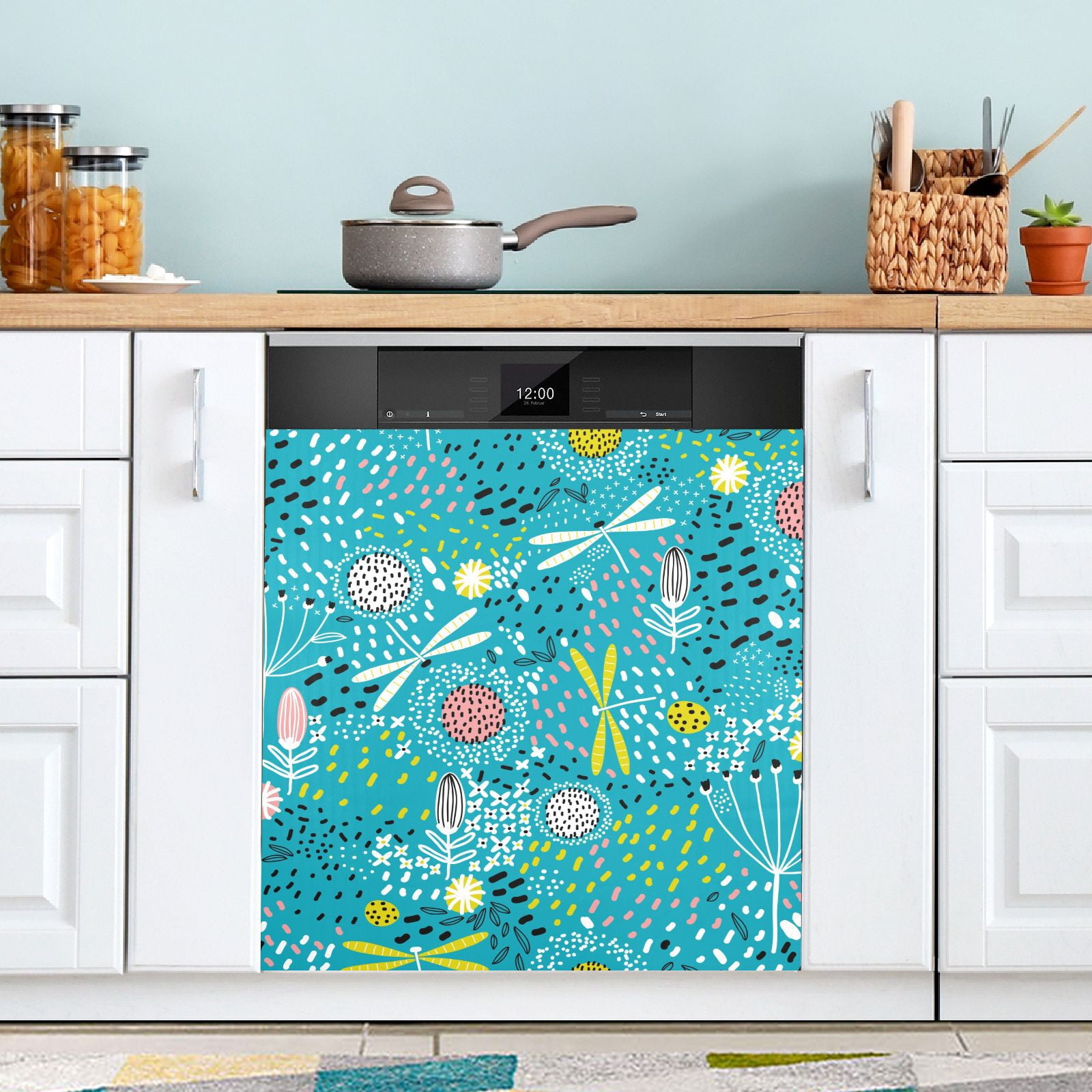 Floral Dragonfly Flowers Blue Dishwasher Magnet Cover Magnetic ...