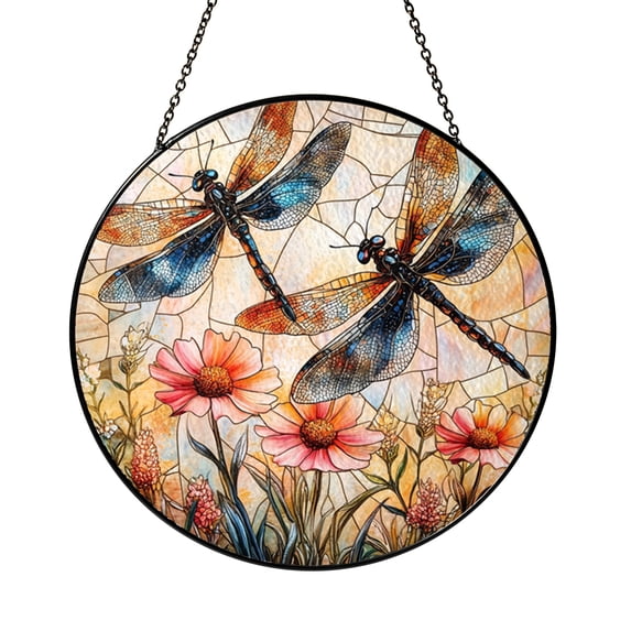 Floral Dragonfly Stained Glass Style Window Hanging Decor - Walmart.com