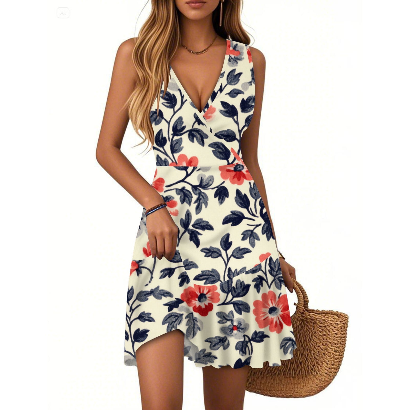 Floral Dresses For Women, Casual V Neck Sleeveless Pleated Dress Boho ...