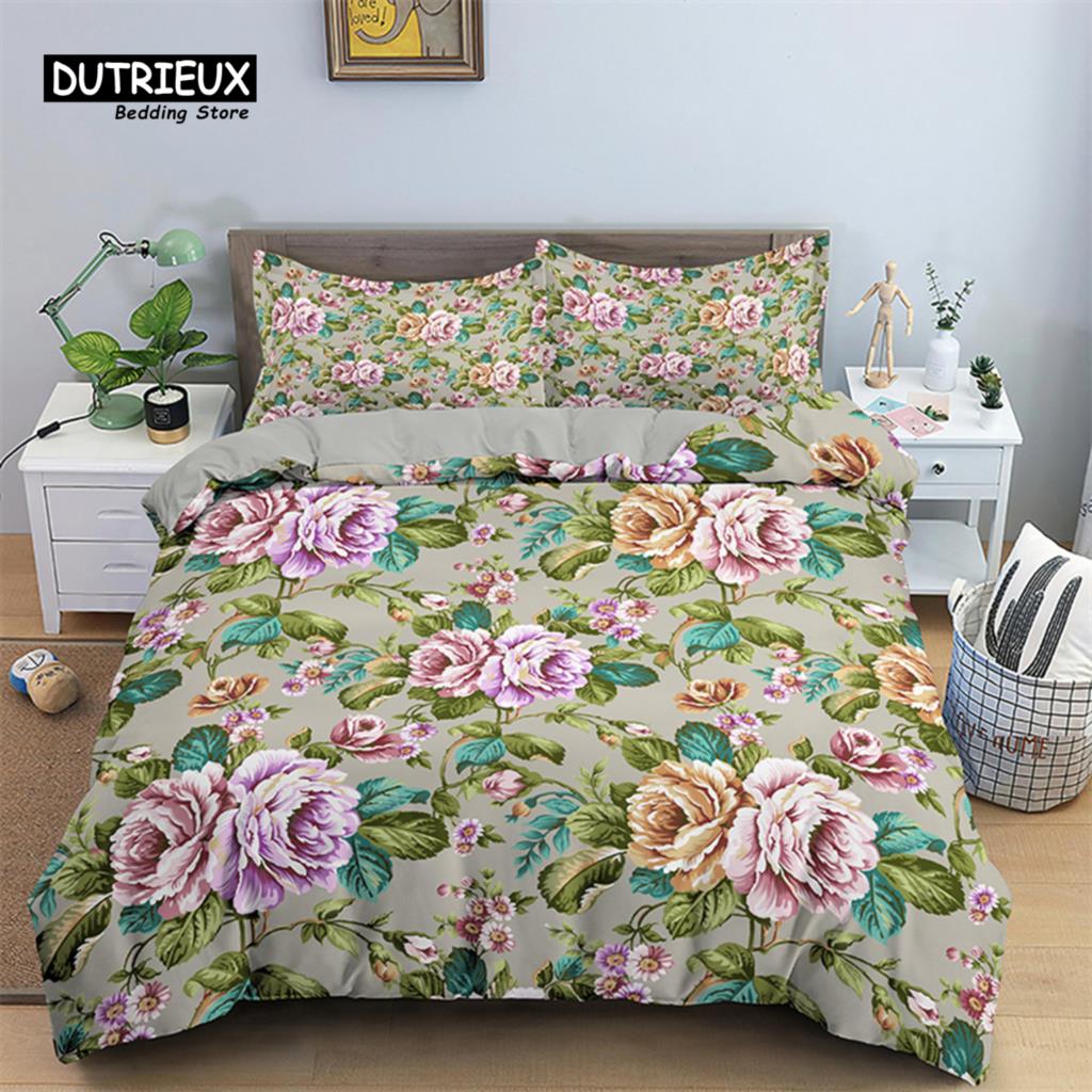 Floral Duvet Cover Flower Leaves King Bedding Set Spring Blossom Garden ...